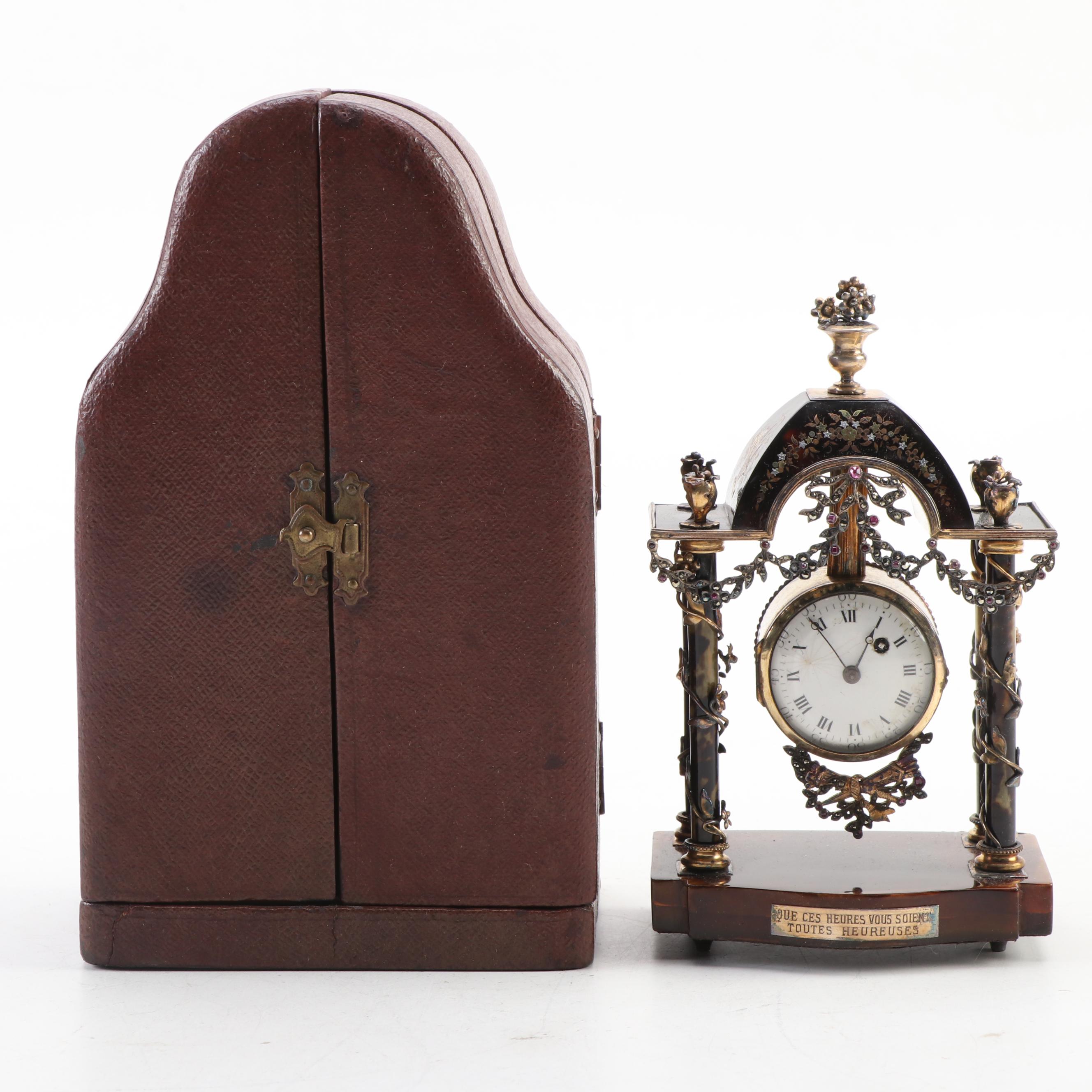 French Neoclassical Style Tortoise Shell and Gemstone Inlay Desk Clock ...