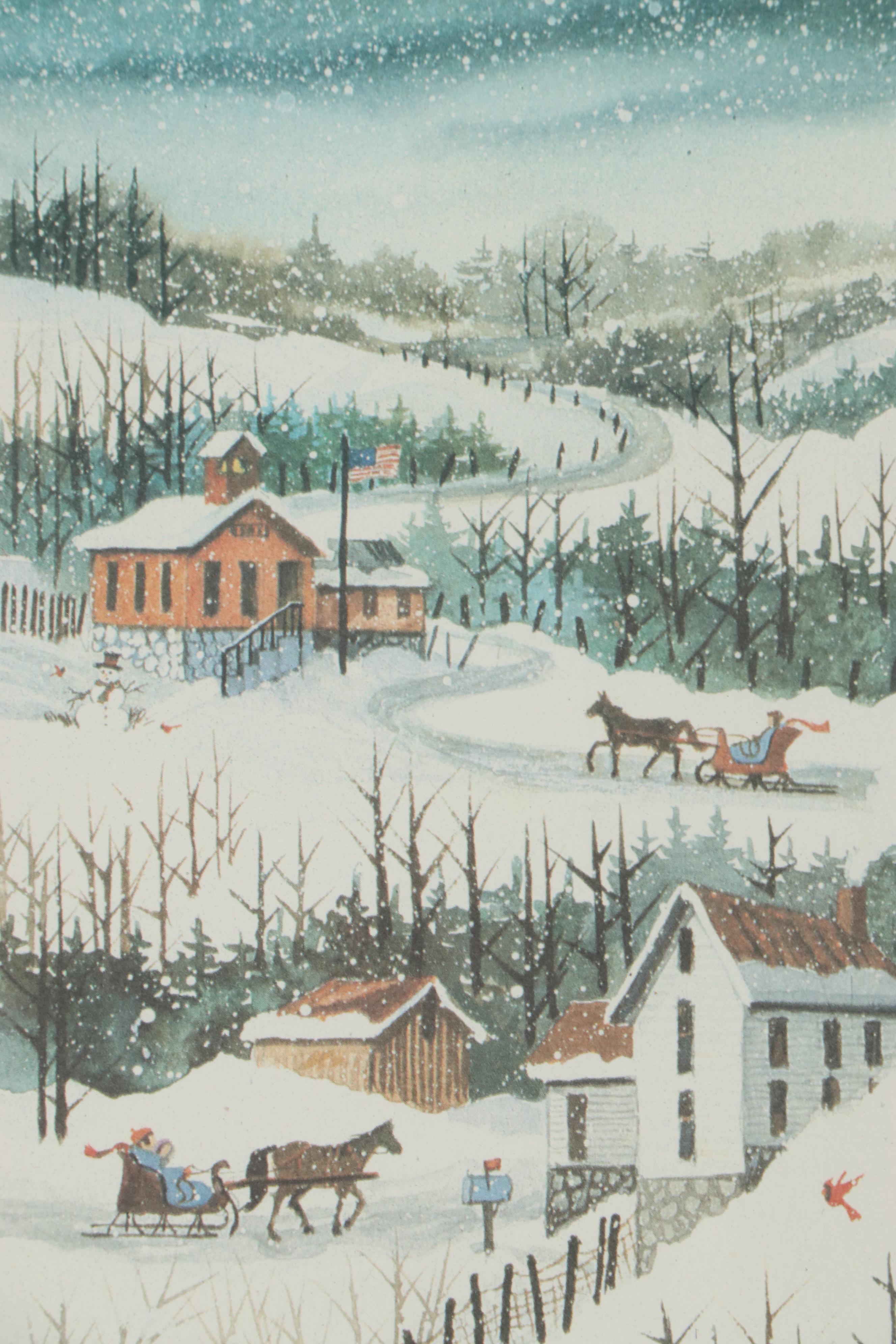 Lu Fuller Folk Art Offset Lithograph of Snowy Village, Late 20th ...