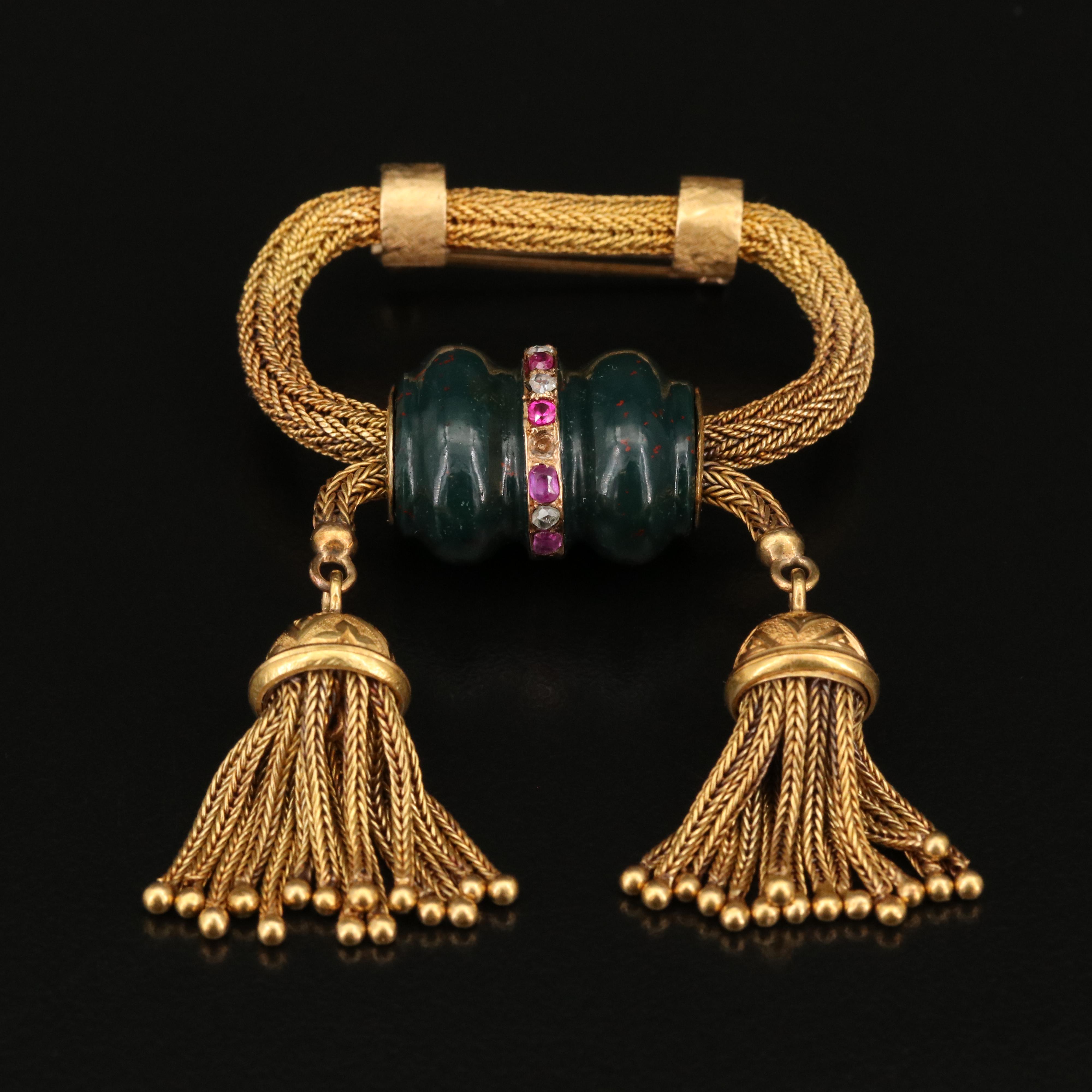 Vintage 14K Bloodstone, Ruby and Diamond Tasseled Brooch | EBTH