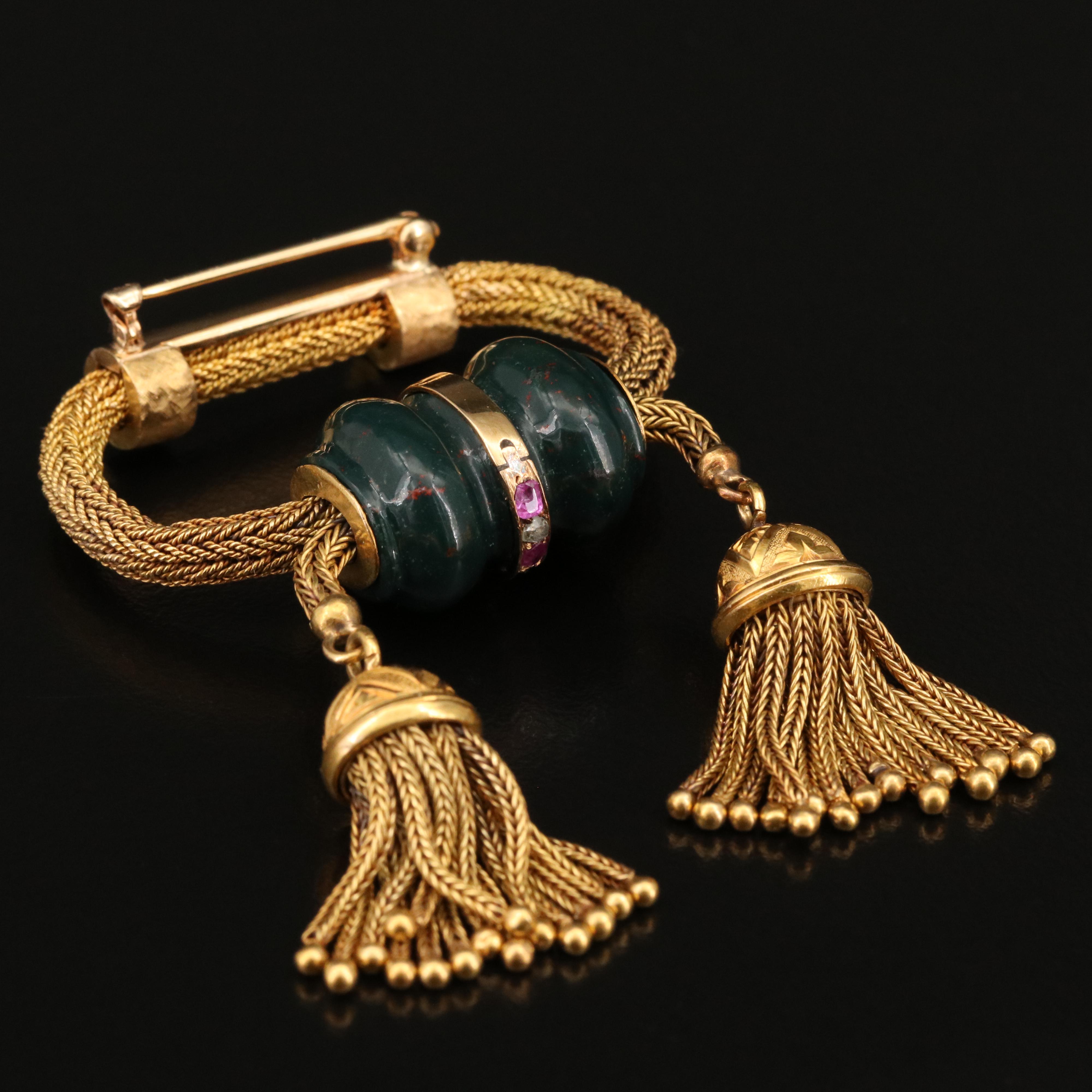 Vintage 14K Bloodstone, Ruby and Diamond Tasseled Brooch | EBTH