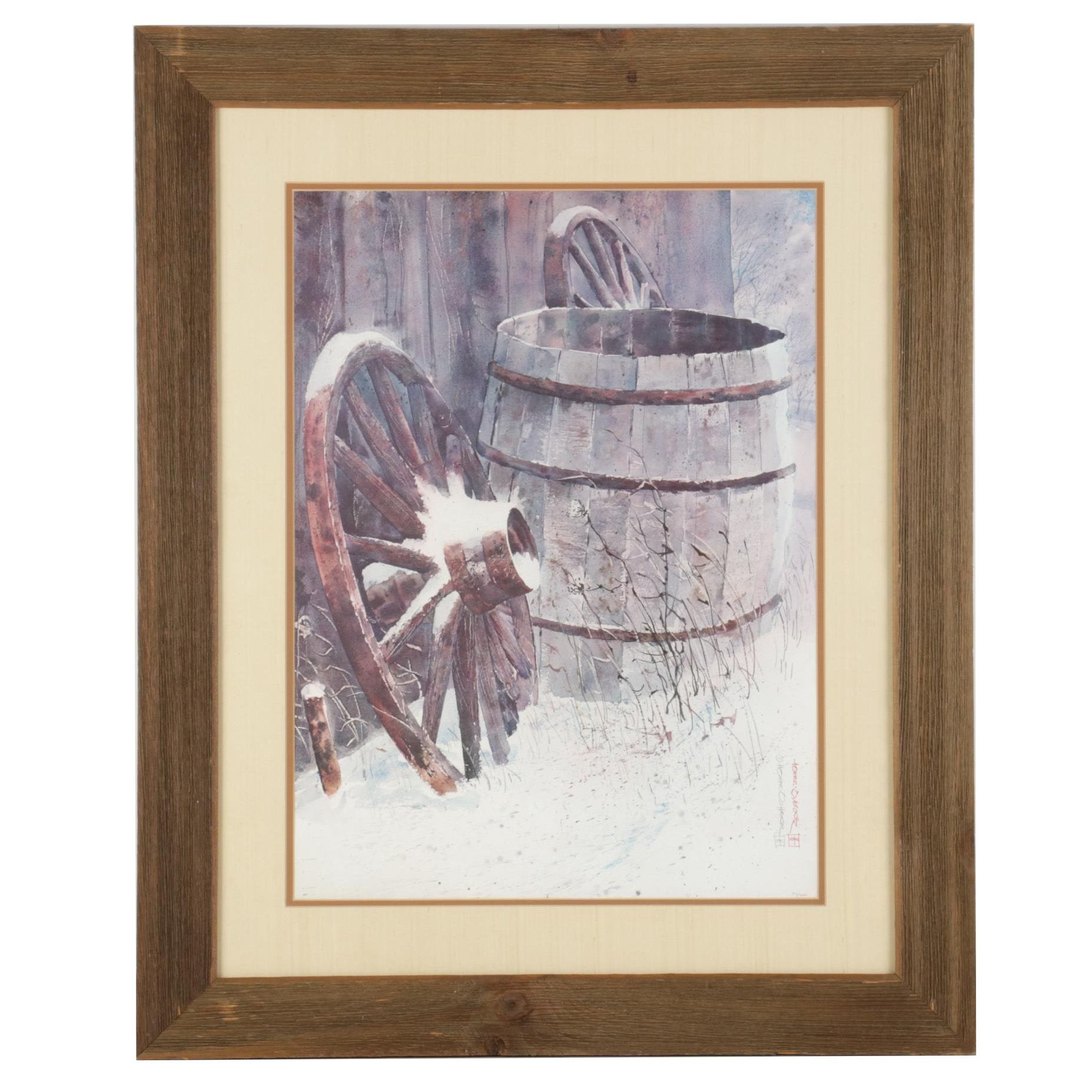 Homer O. Hacker Still Life Offset Lithograph of Wagon Wheels and Barrel ...