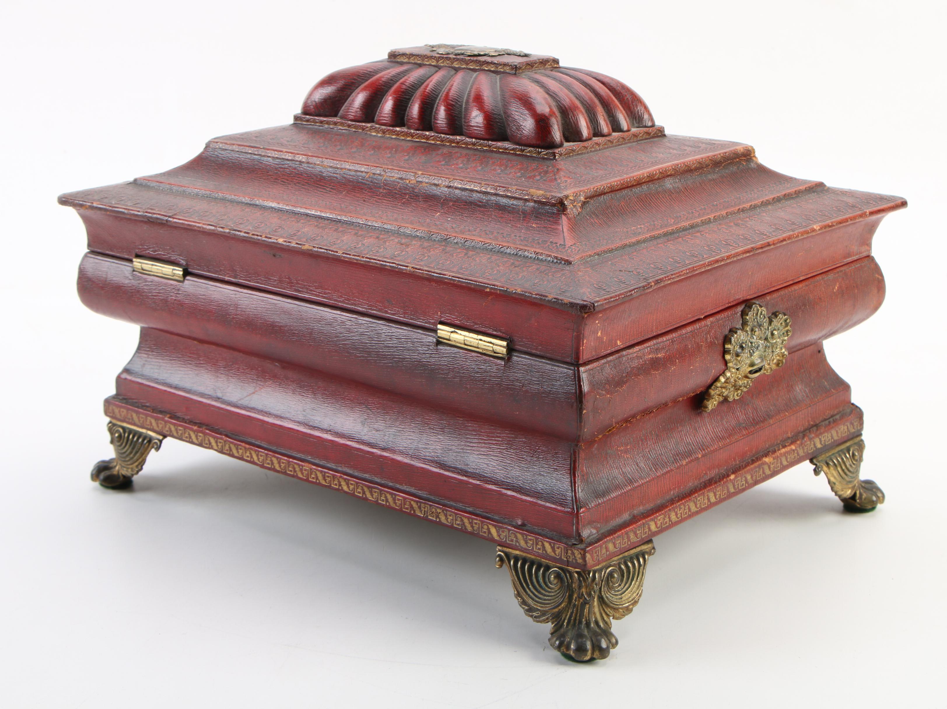 Regency Gilt Brass Mounted Red Morocco Leather Jewelry Casket, Circa ...