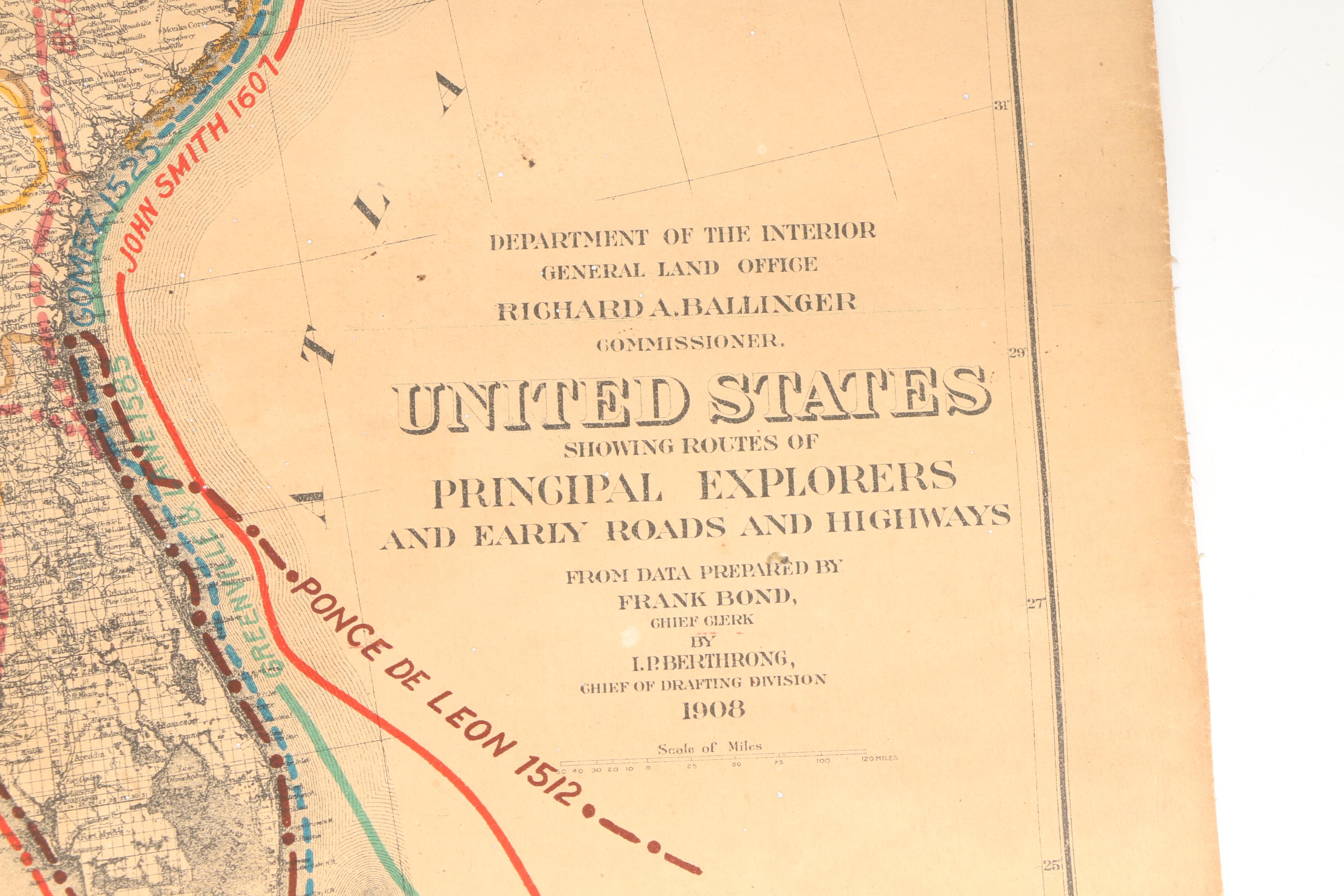 1908 "United States Showing Routes of Principal Explorers" Wall Map | EBTH