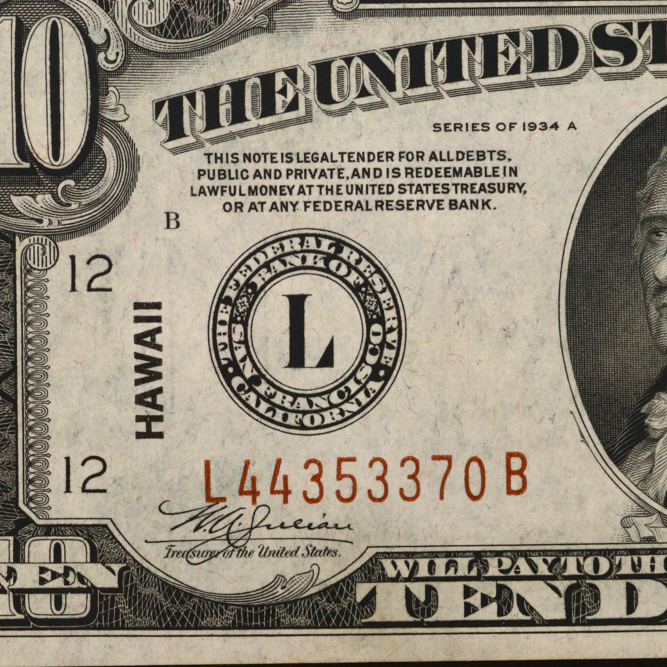Series of 1934A Hawaii Overprint $10 Federal Reserve Note | EBTH