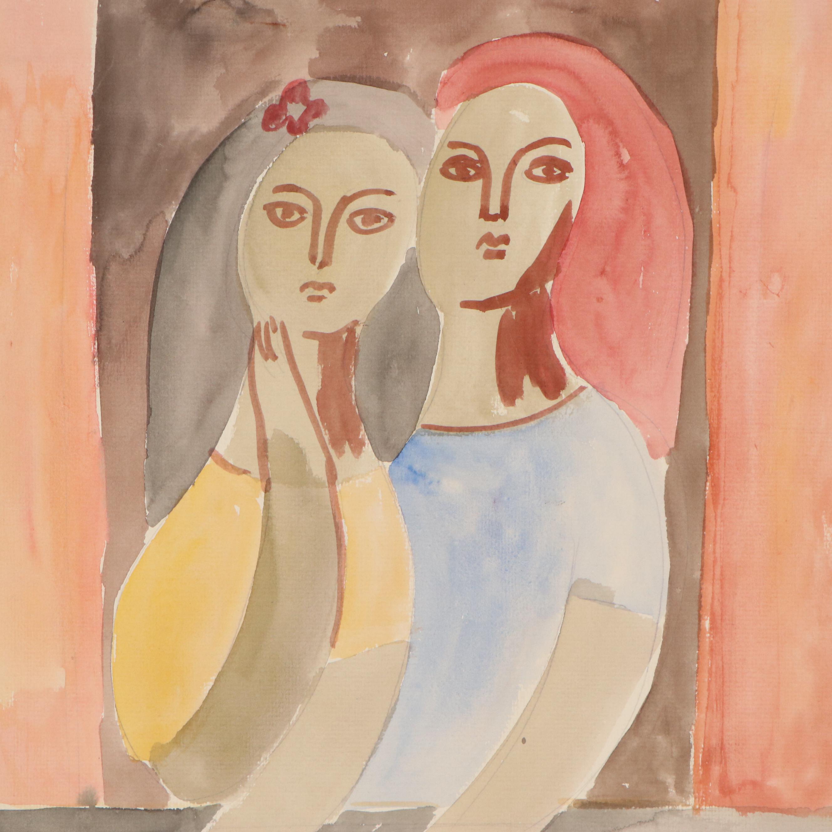 Esther Phillips Modernist Watercolor Painting of Two Women, Mid 20th ...
