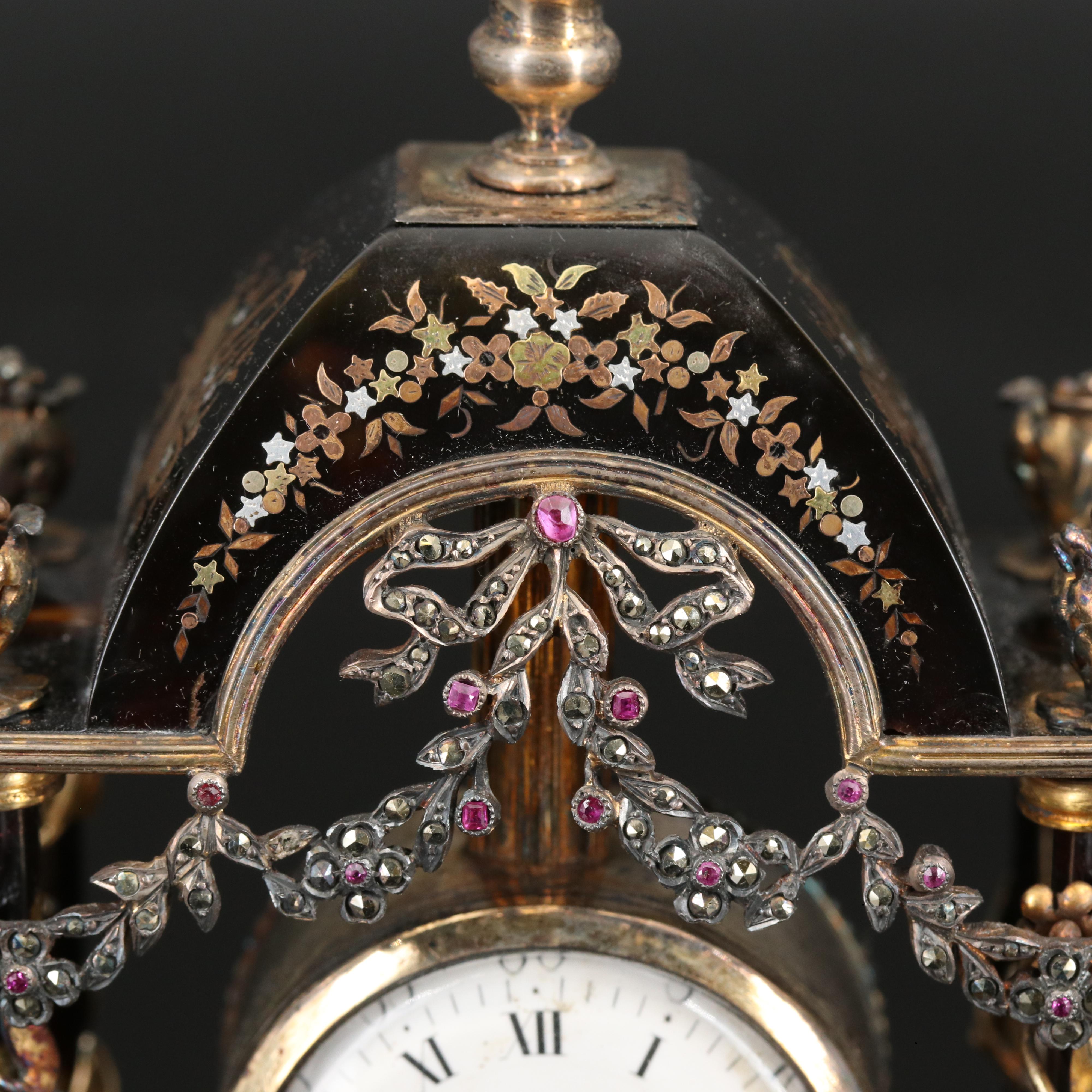 French Neoclassical Style Tortoise Shell and Gemstone Inlay Desk Clock ...