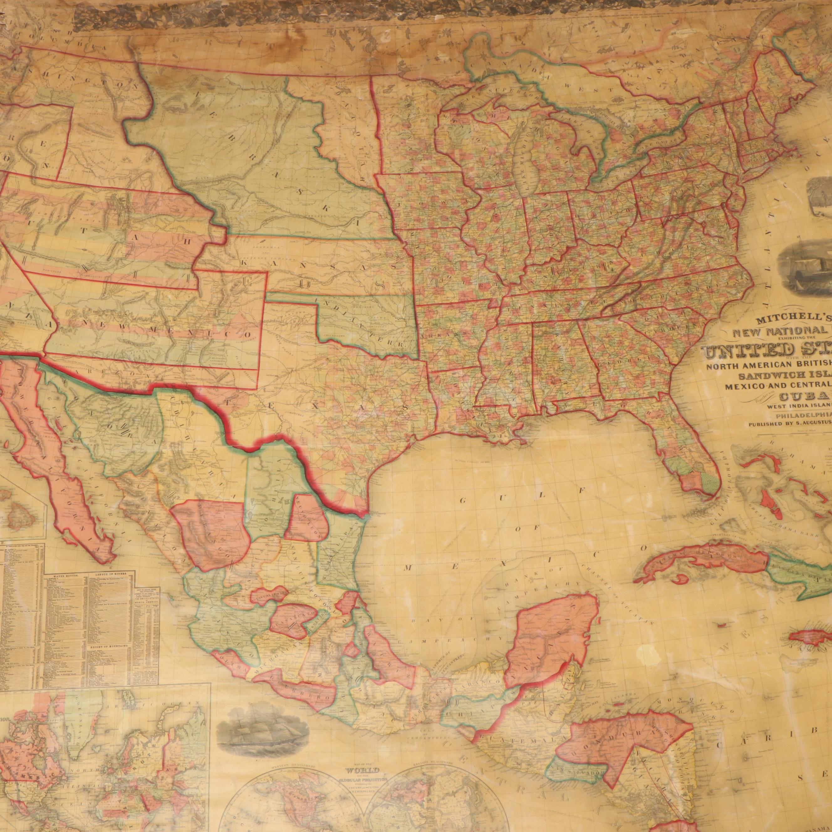 Mitchell's New National Hand-Colored Lithograph Wall Map of United ...