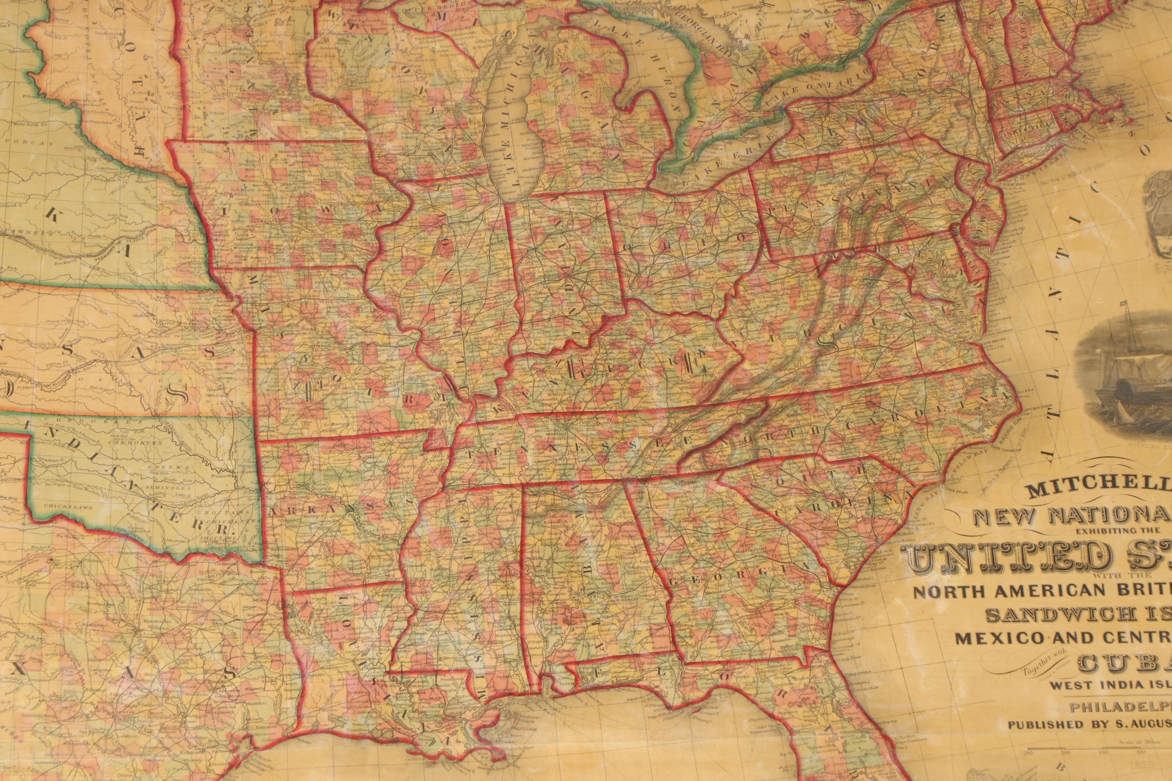 Mitchell's New National Hand-Colored Lithograph Wall Map of United ...