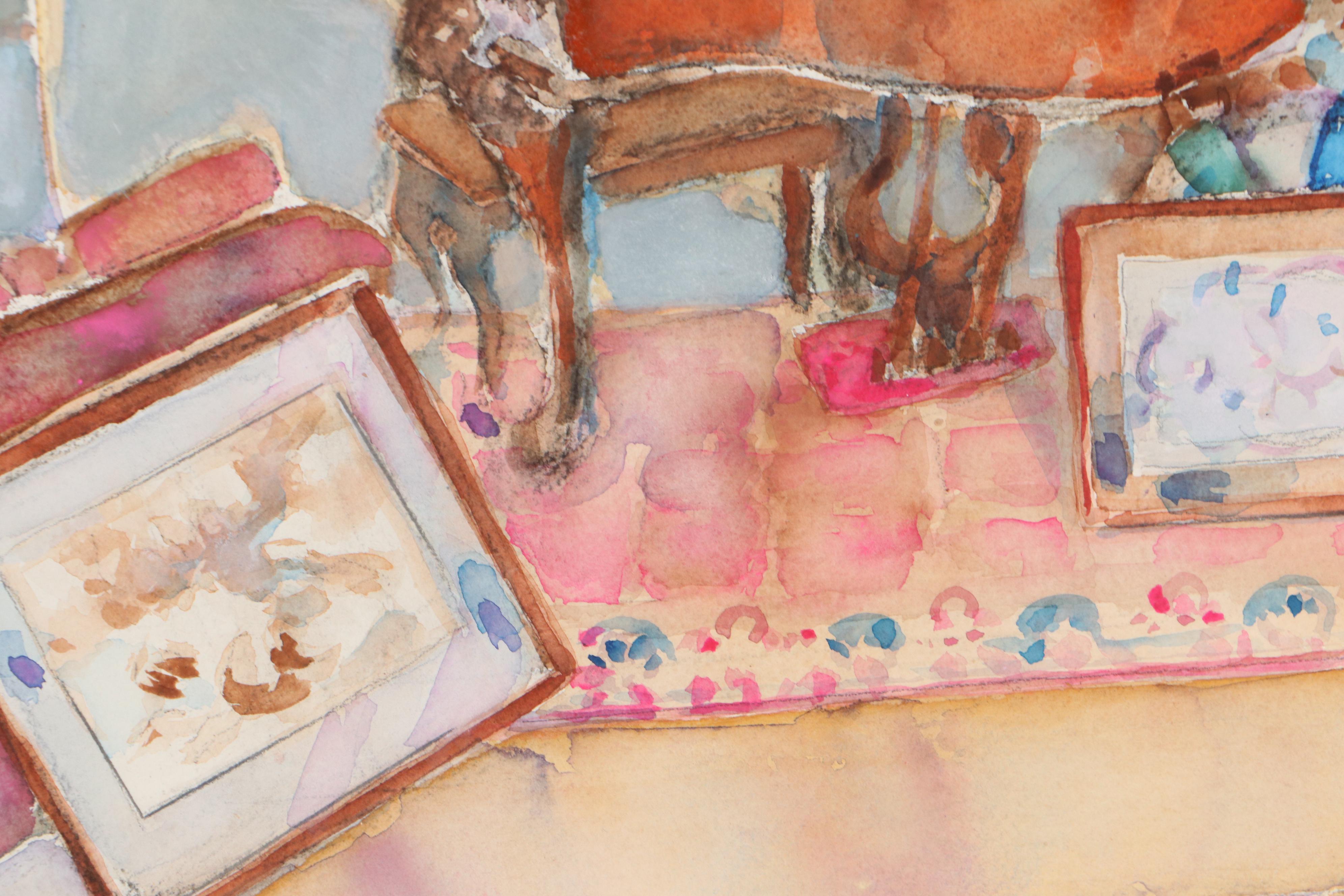Walter Sorge Watercolor Painting of Artist's Living Room, Late 20th ...