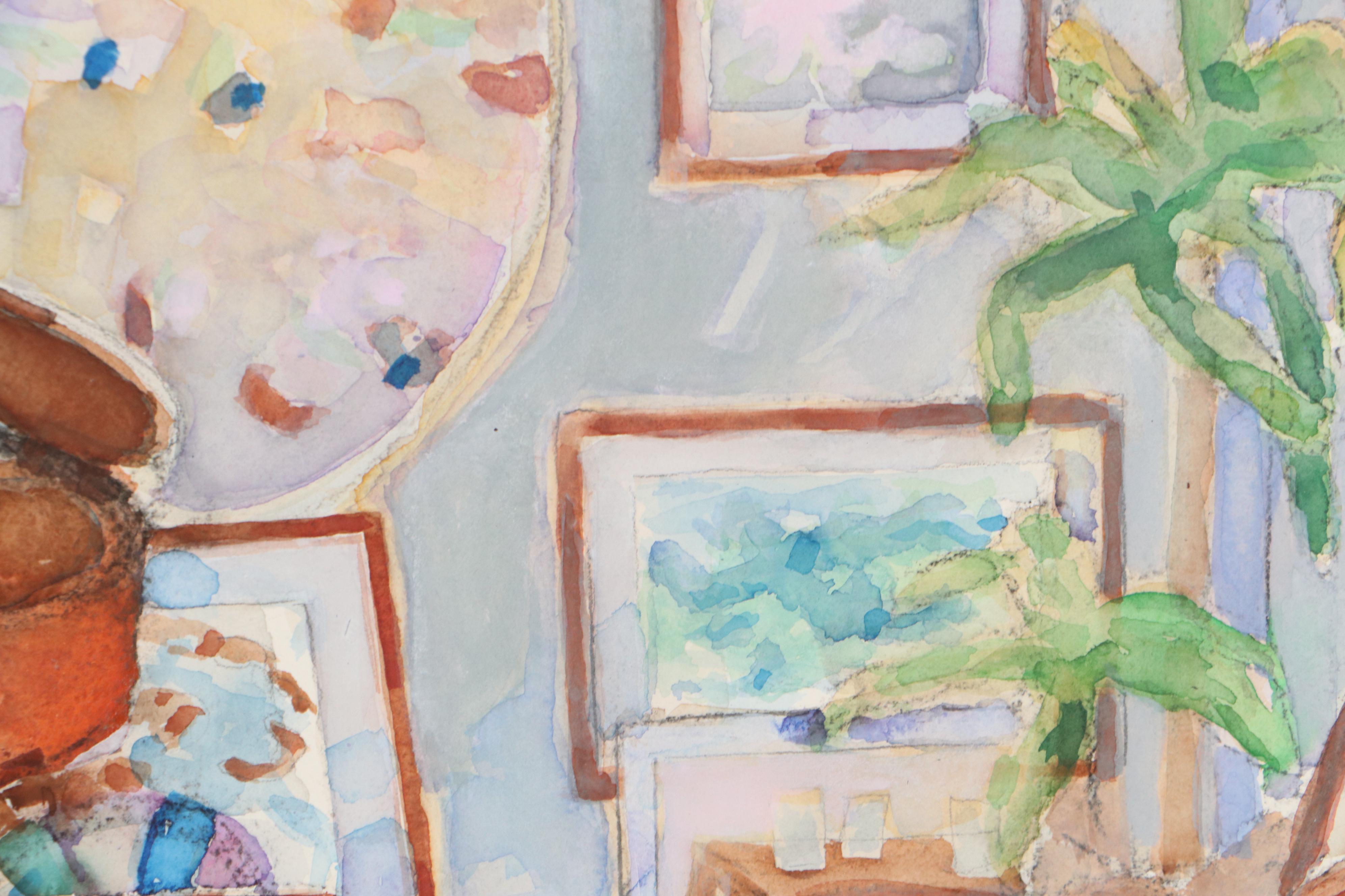 Walter Sorge Watercolor Painting of Artist's Living Room, Late 20th ...