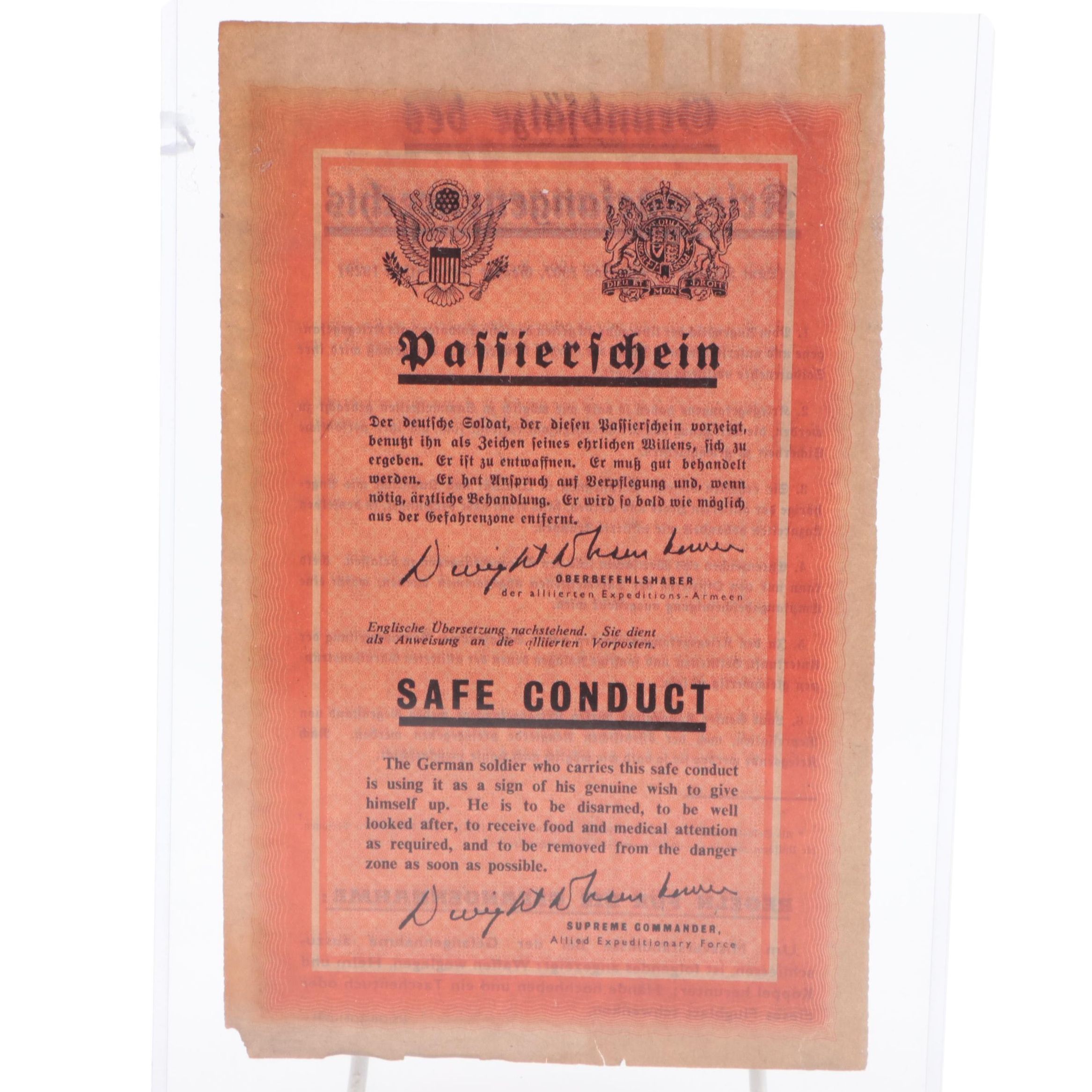 WWII "Safe Conduct" Pass, Original Surrender Leaflet, 1944 | EBTH
