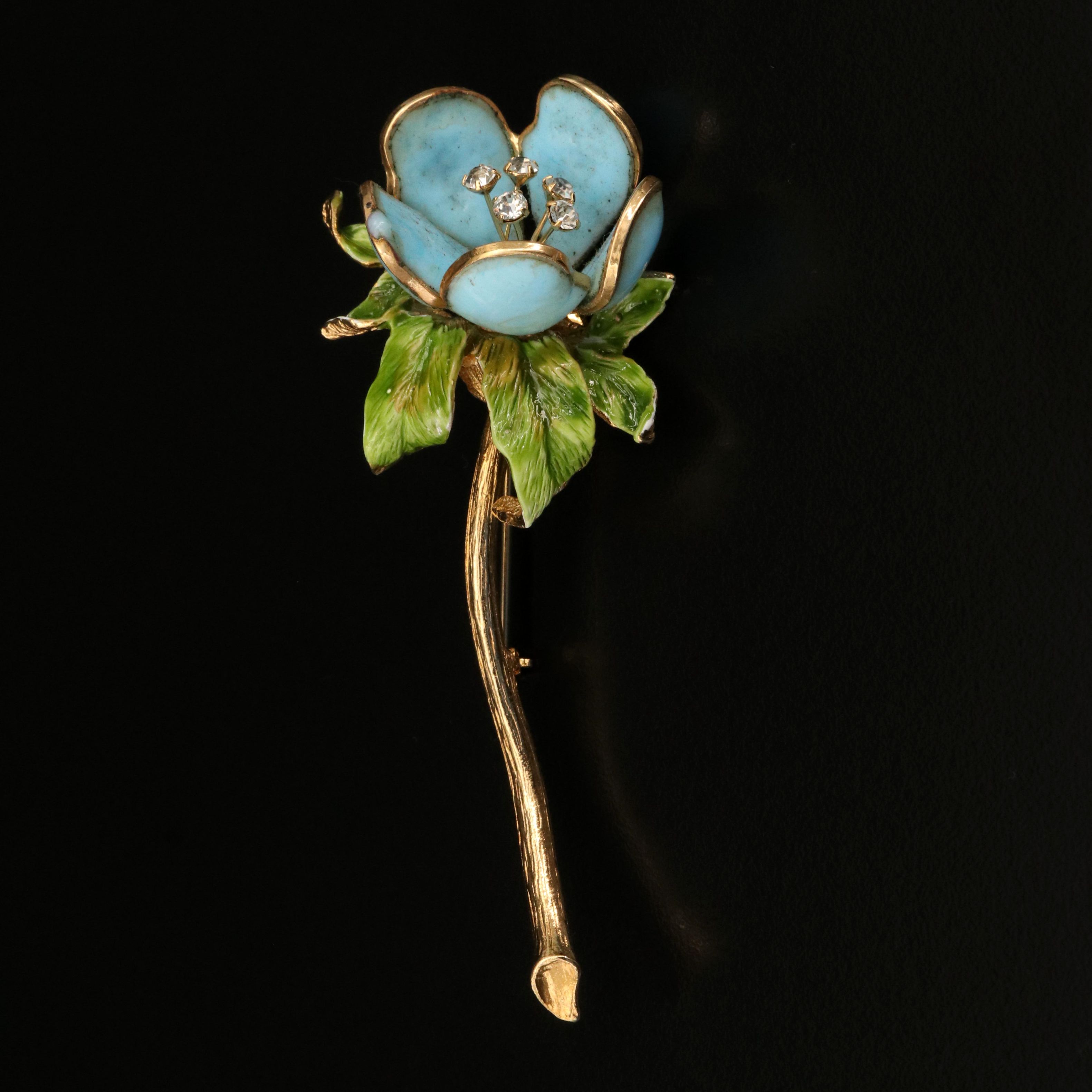 Hattie Carnegie Poured Glass and Enamel Flower Brooch with Rhinestones ...