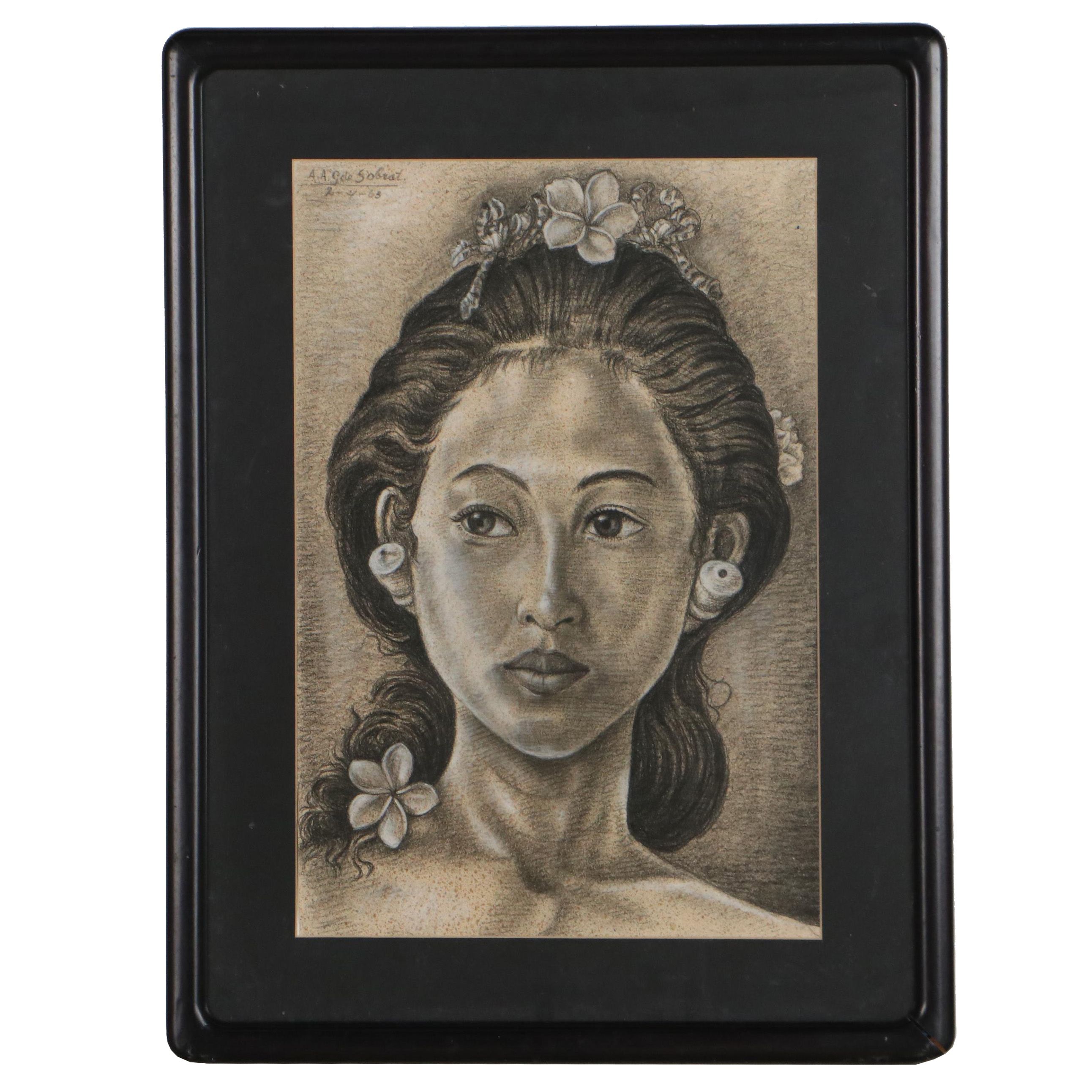 Anak Agung Gede Sobrat Charcoal Drawing "Portrait of Balinese Maiden ...