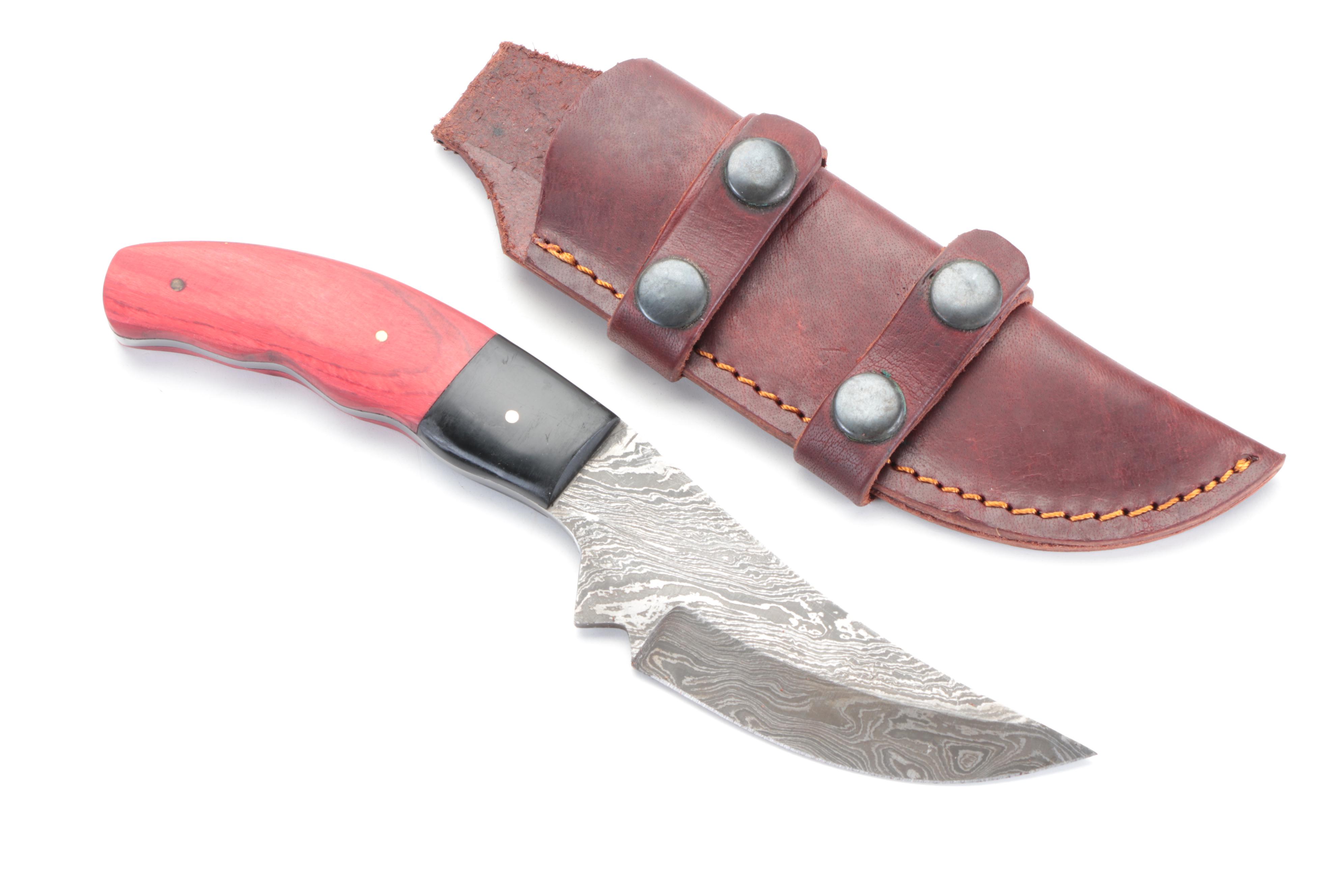 Trailing Point Knife and Damascus Fixed-Blade Knives with Leather ...