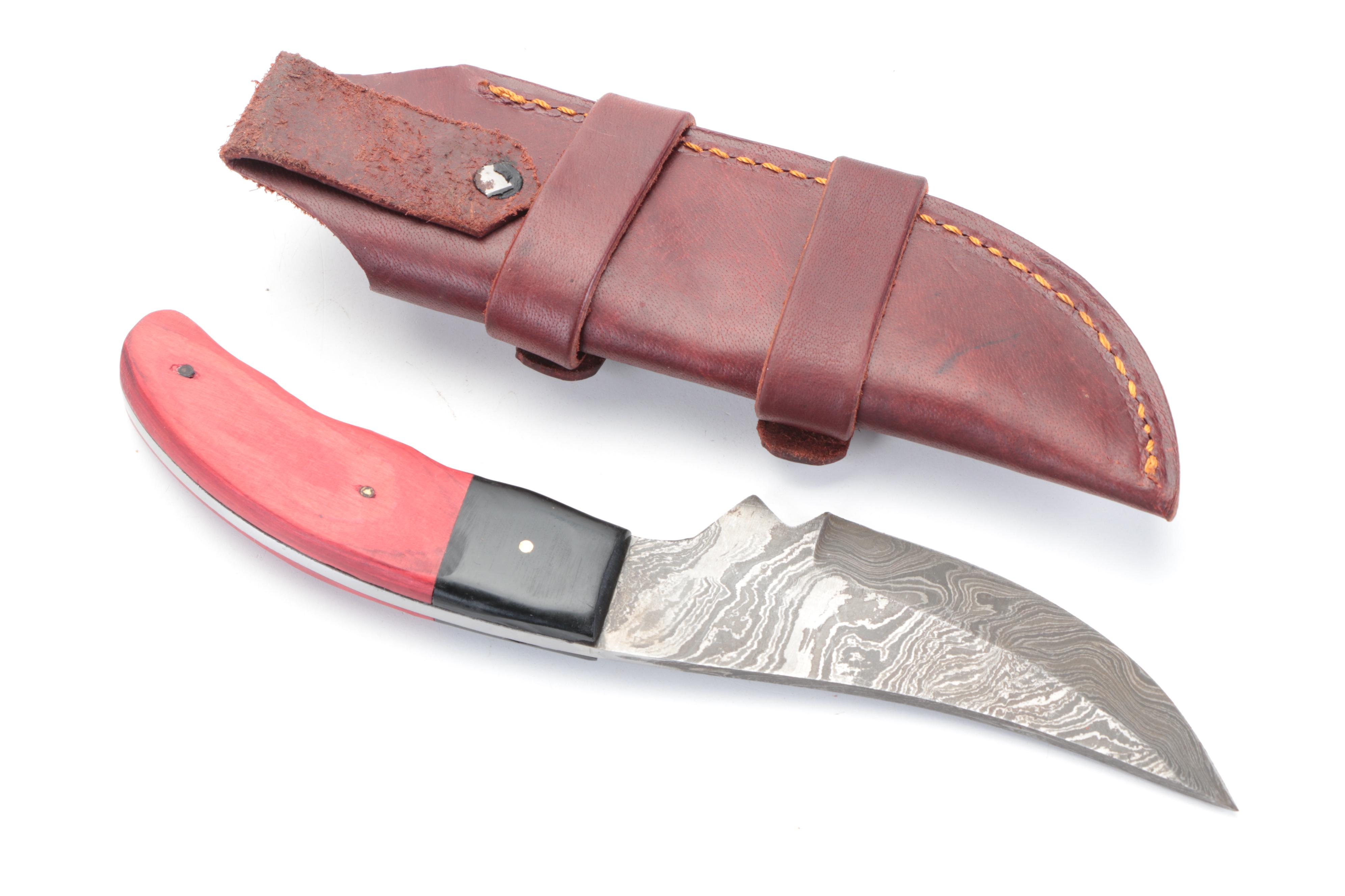 Trailing Point Knife and Damascus Fixed-Blade Knives with Leather ...