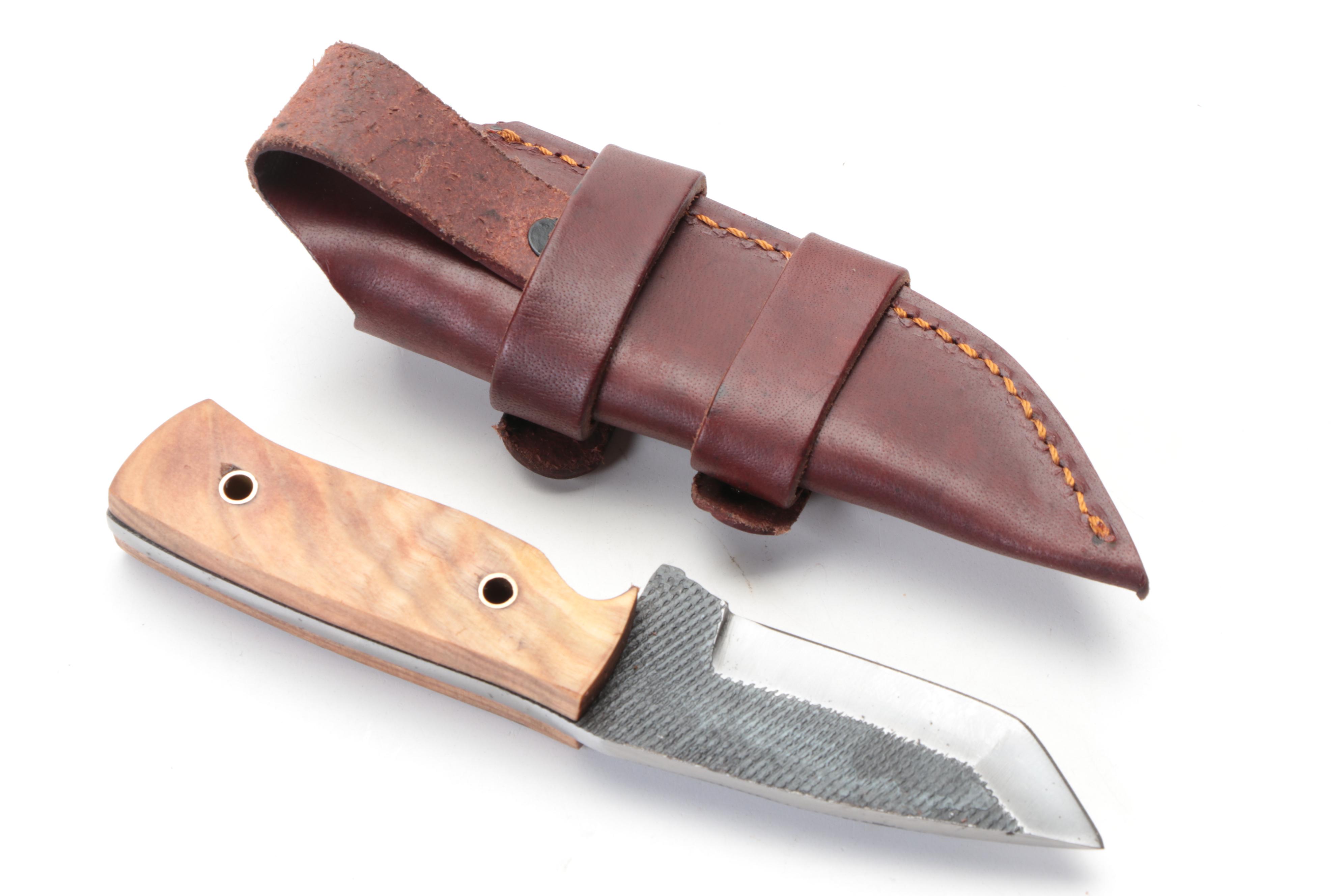 Trailing Point Knife and Damascus Fixed-Blade Knives with Leather ...