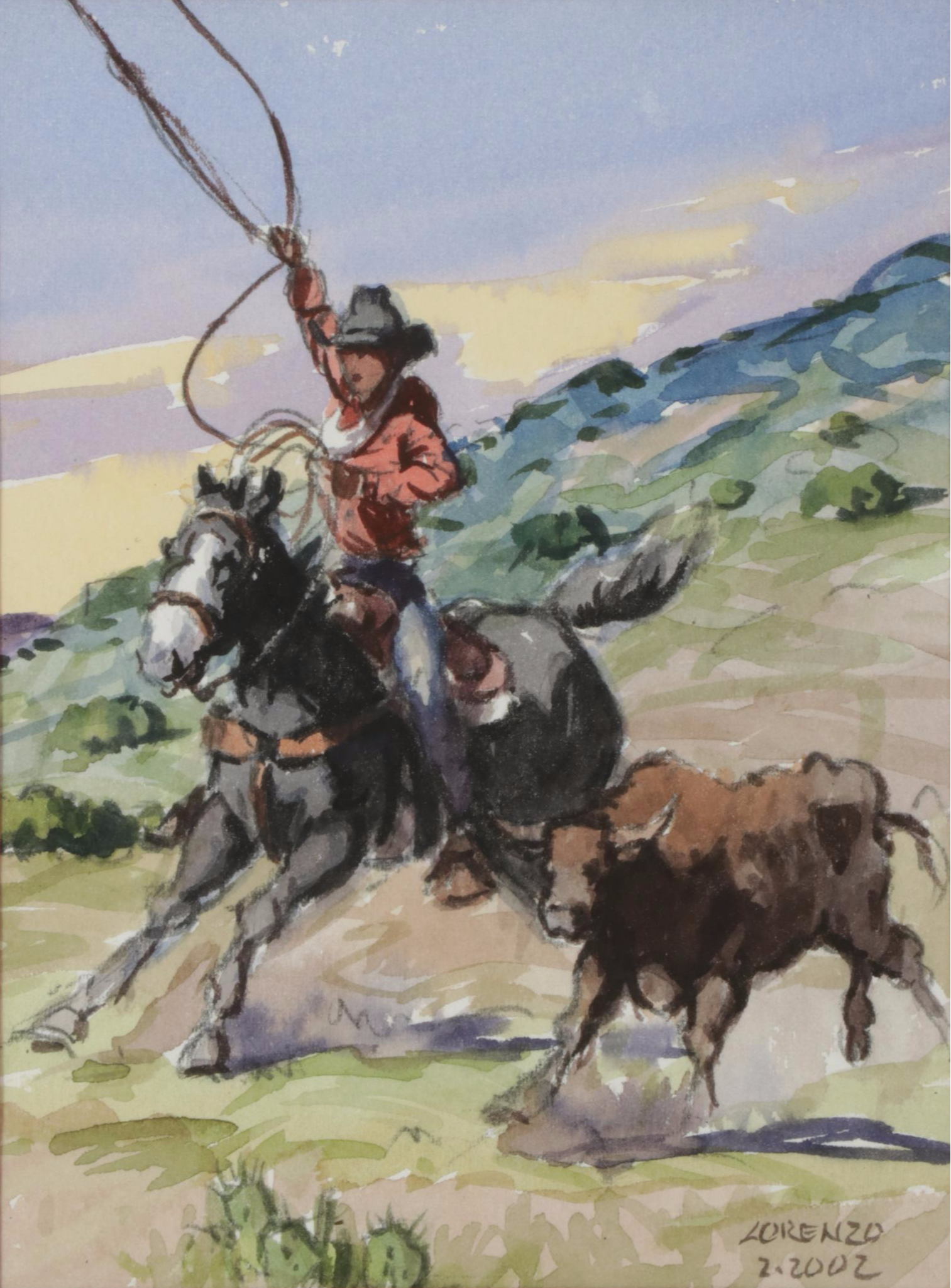 Lorenzo Castañeda Watercolor Painting of Cowboy Lassoing Bull, 2002 | EBTH