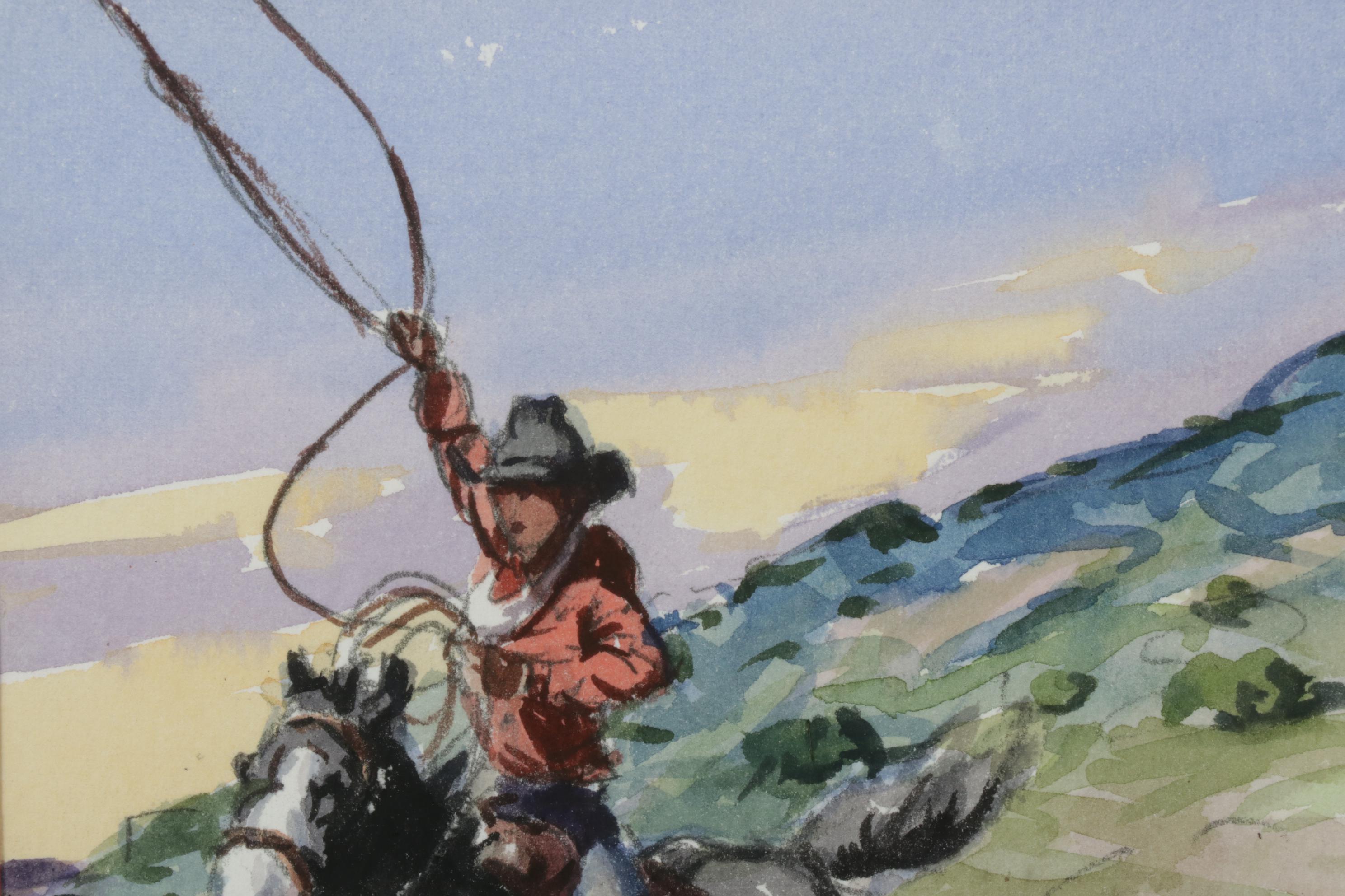 Lorenzo Castañeda Watercolor Painting of Cowboy Lassoing Bull, 2002 | EBTH