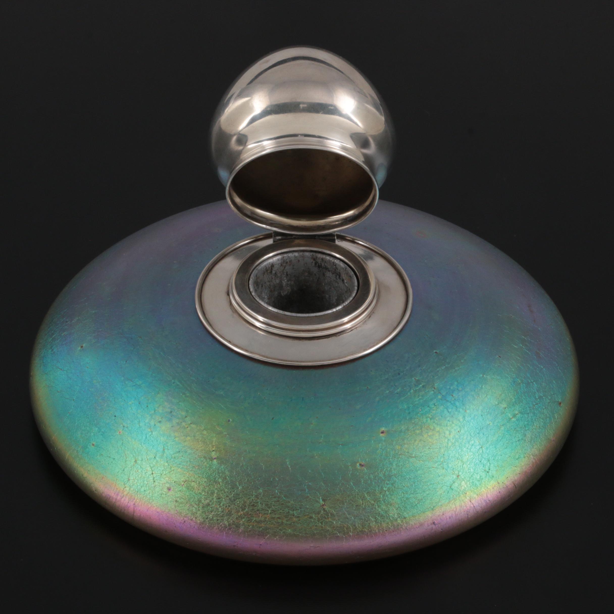 La Pierre Sterling Silver and Iridescent Art Glass Inkwell, Early 20th ...