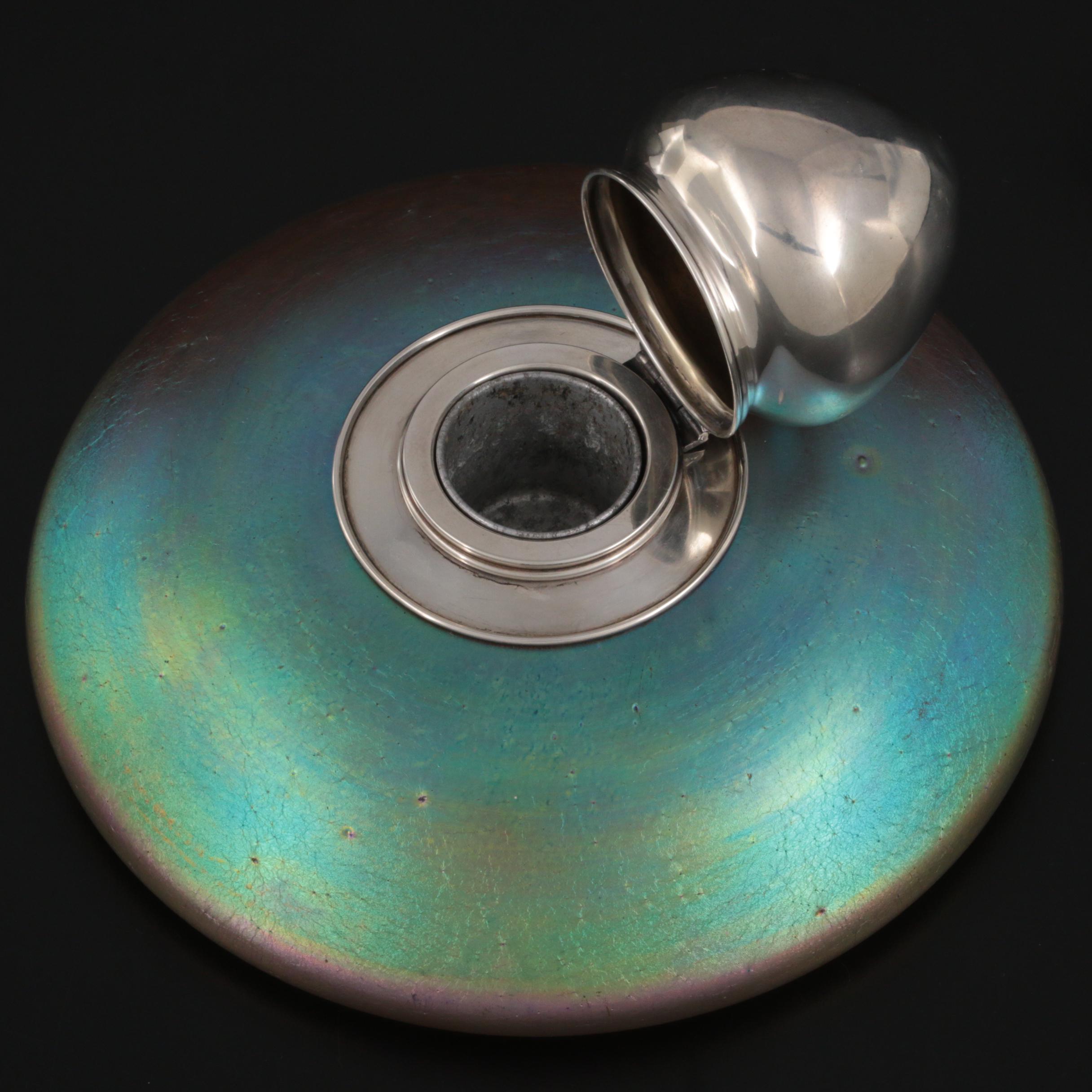 La Pierre Sterling Silver and Iridescent Art Glass Inkwell, Early 20th ...