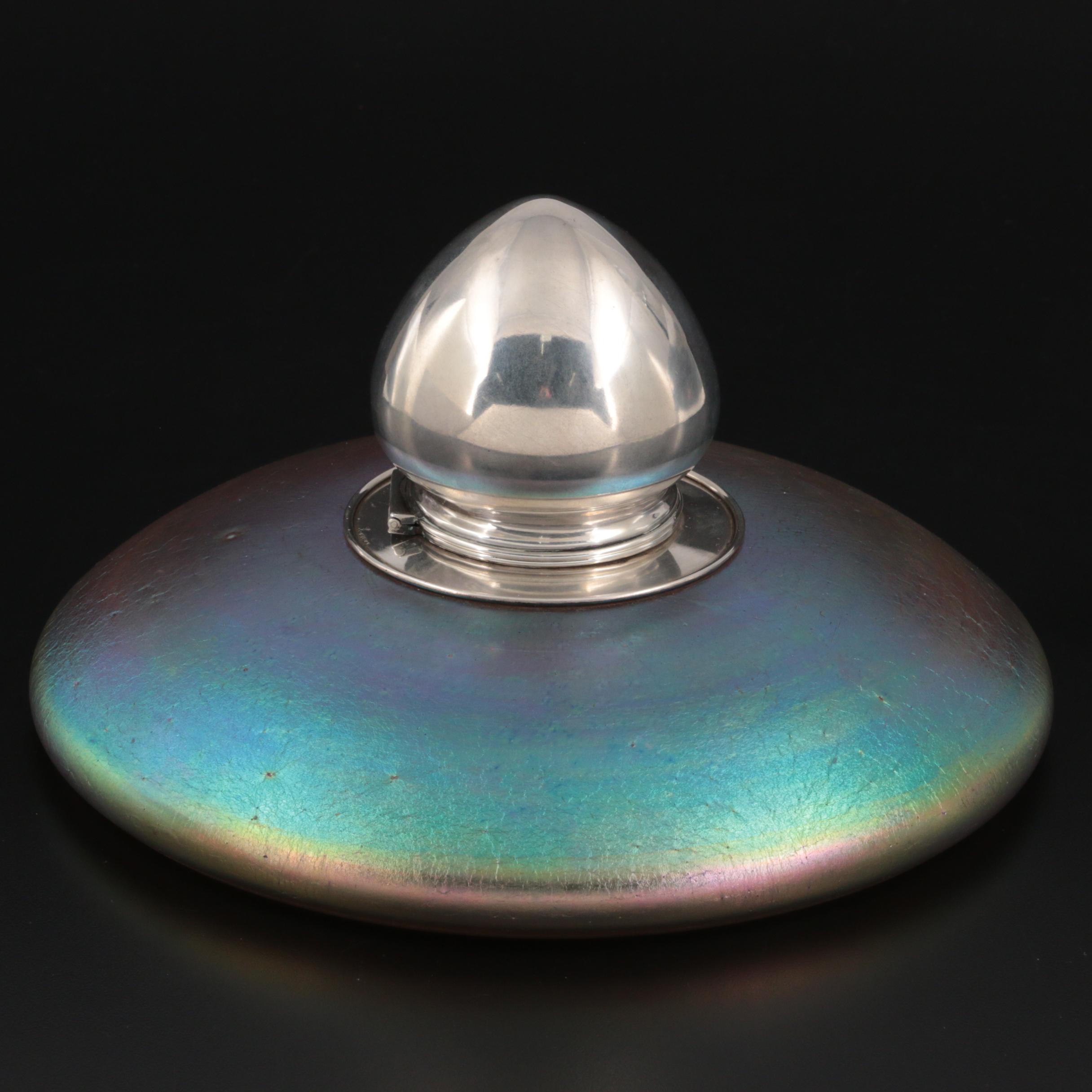 La Pierre Sterling Silver and Iridescent Art Glass Inkwell, Early 20th ...