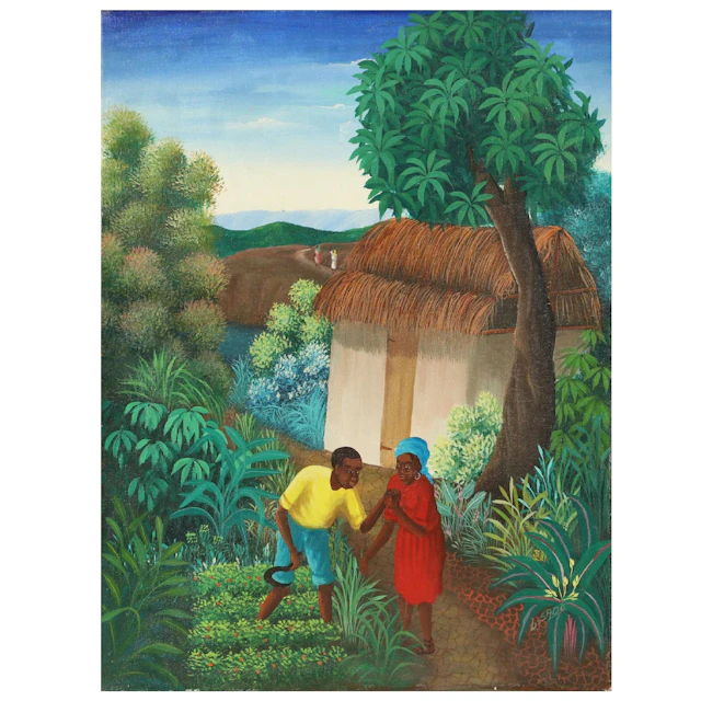 Lissade Haitian Folk Art Acrylic Painting of Couple Gathering Crops ...