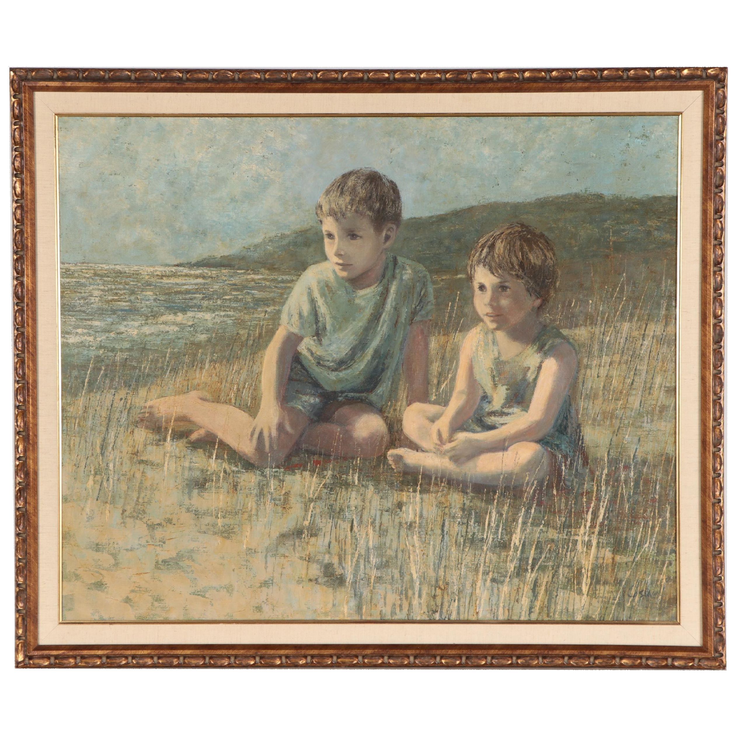 Helen Rayburn Caswell Beach Scene Oil Painting of Children at the Coast ...