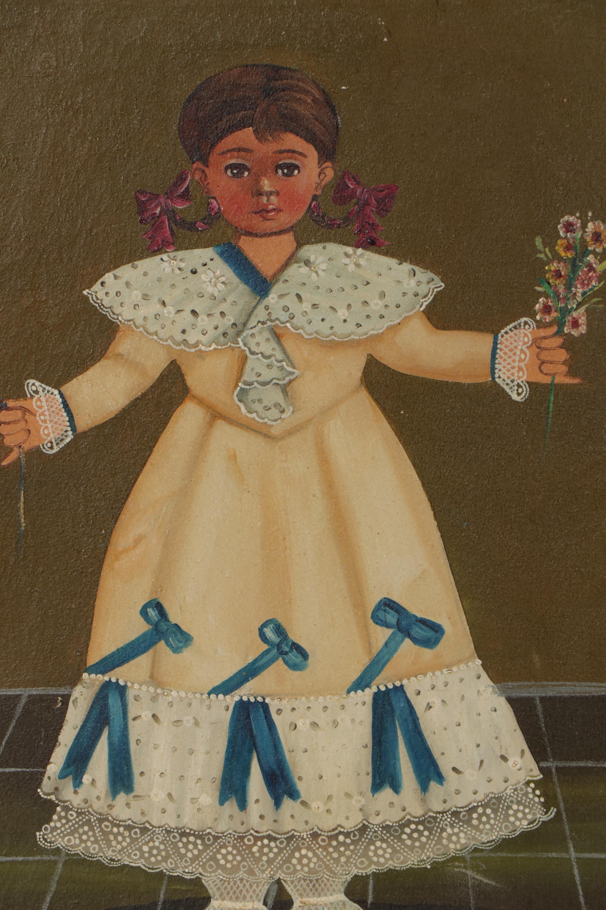 Agapito Labios Folk Art Oil Painting of Girl, Mid-20th Century | EBTH