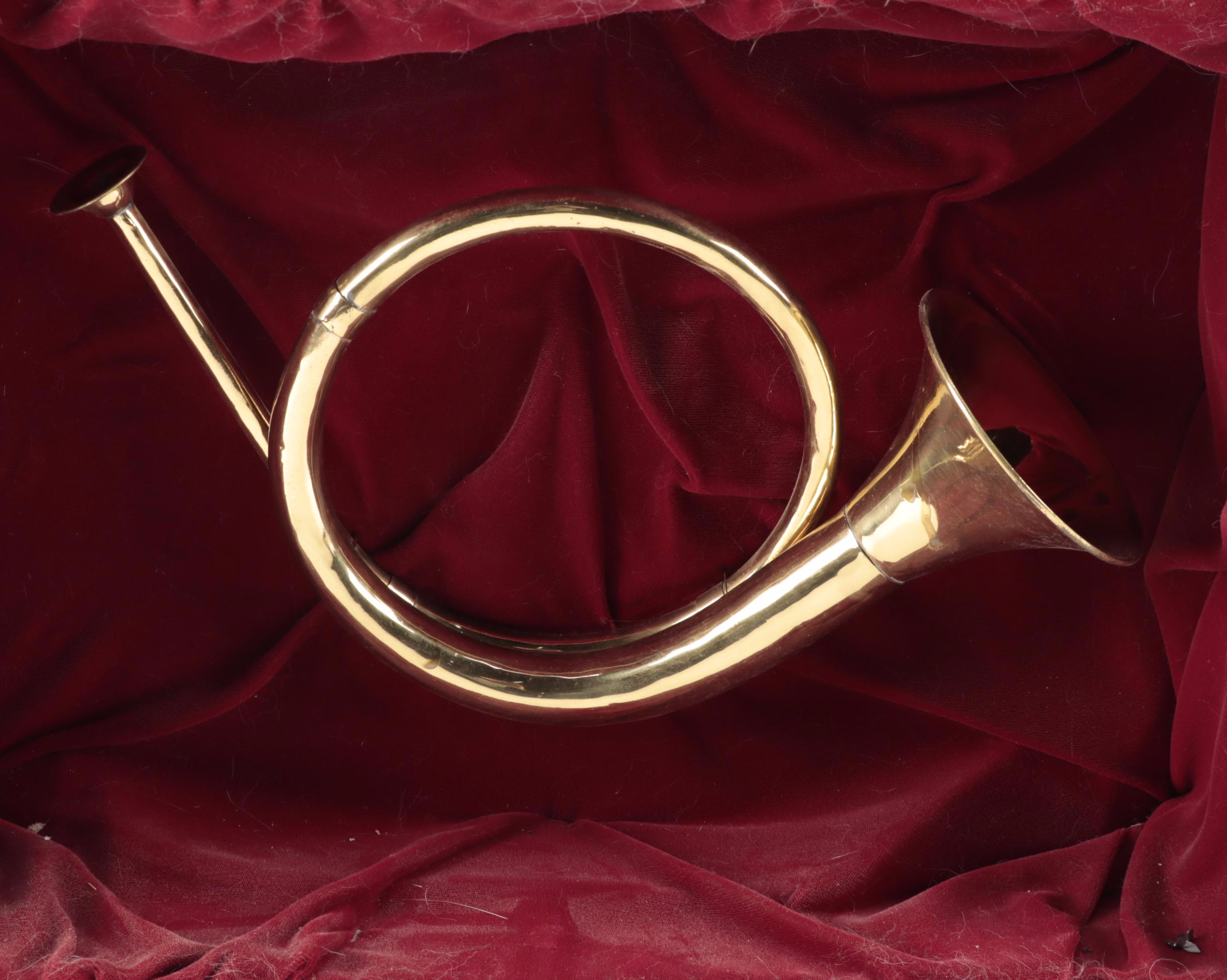 French Brass Hunting Horn Bugle in Wooden Shadow Box | EBTH