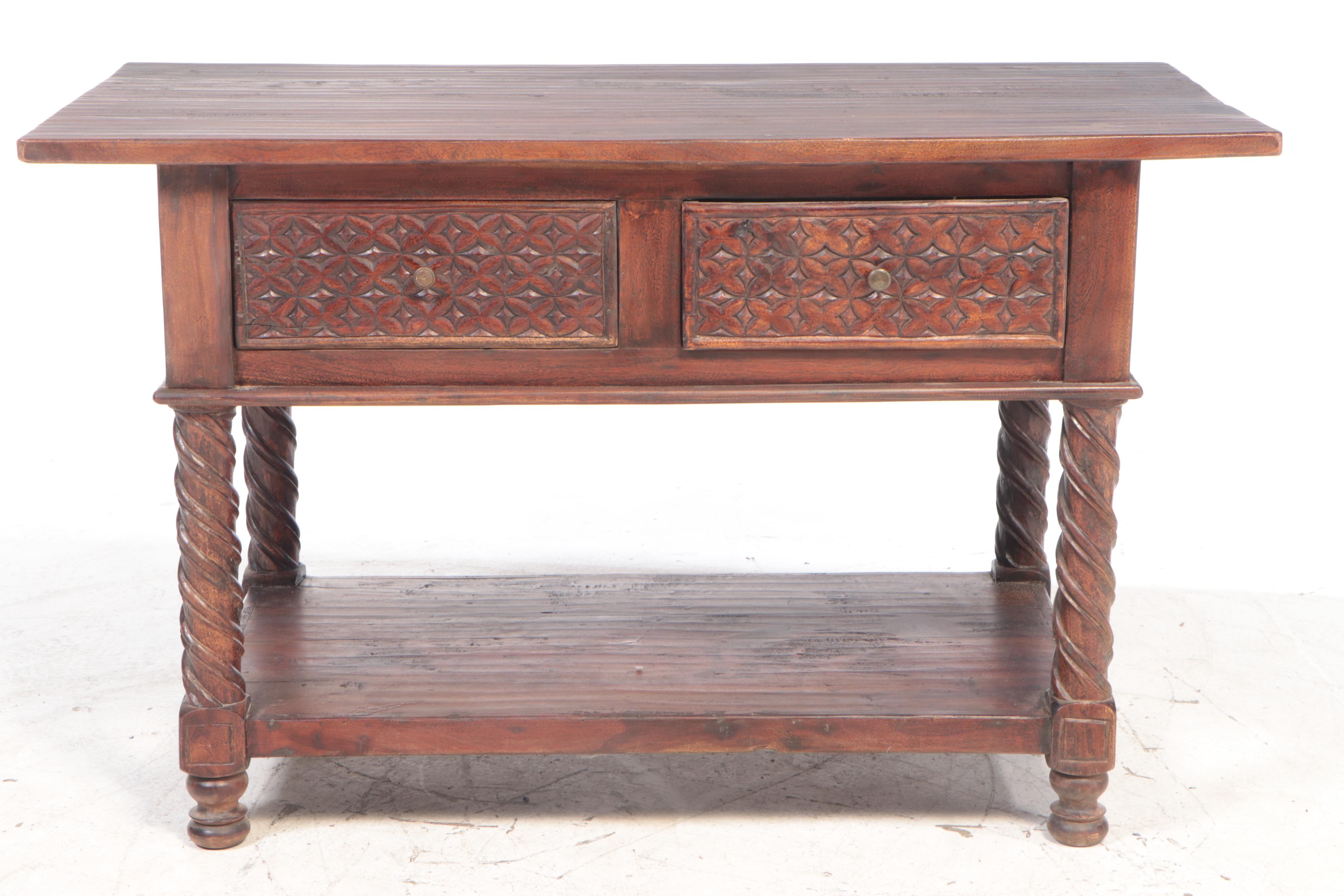 Carved and Hand-Scraped Mahogany Kitchen Island Table | EBTH