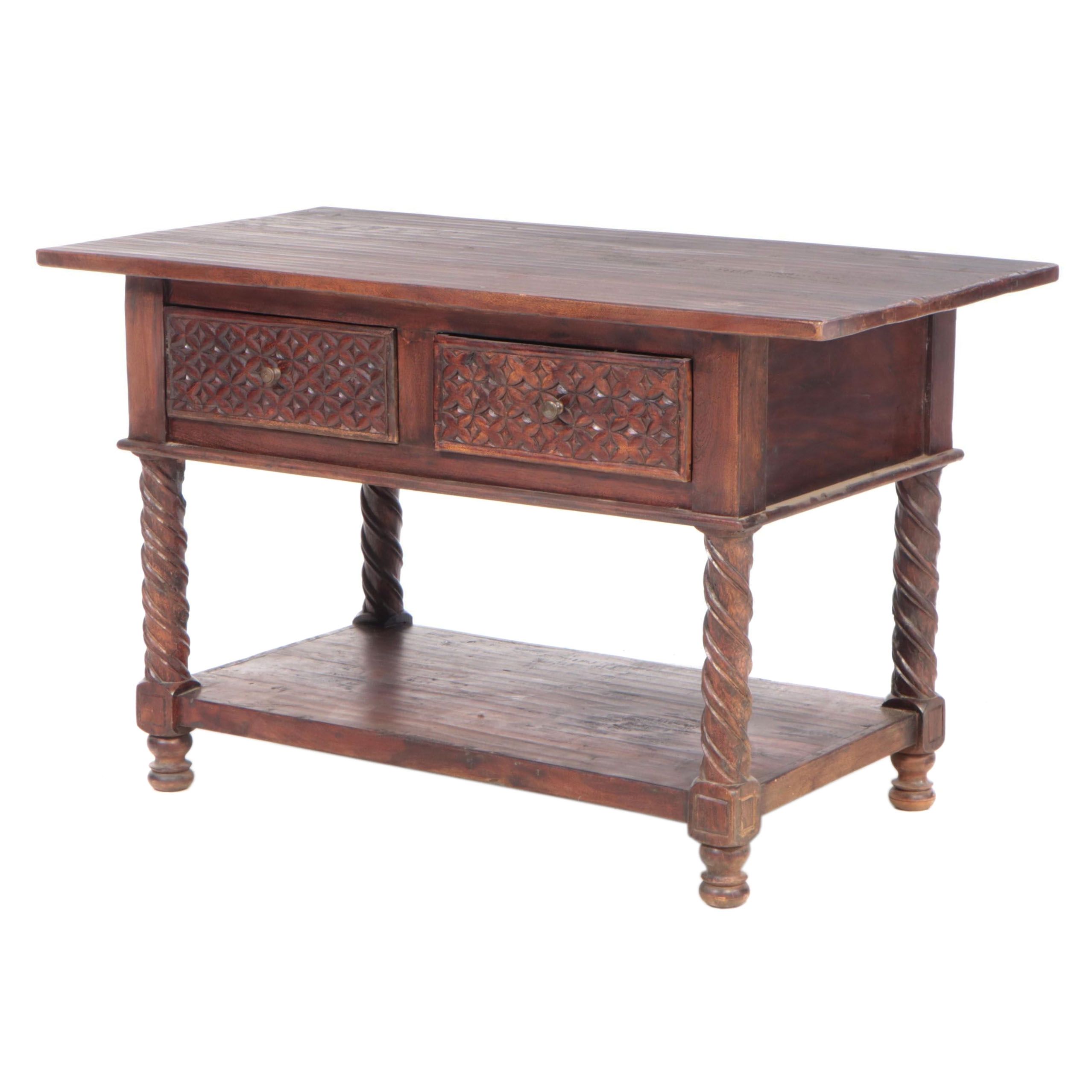 Carved and Hand-Scraped Mahogany Kitchen Island Table | EBTH