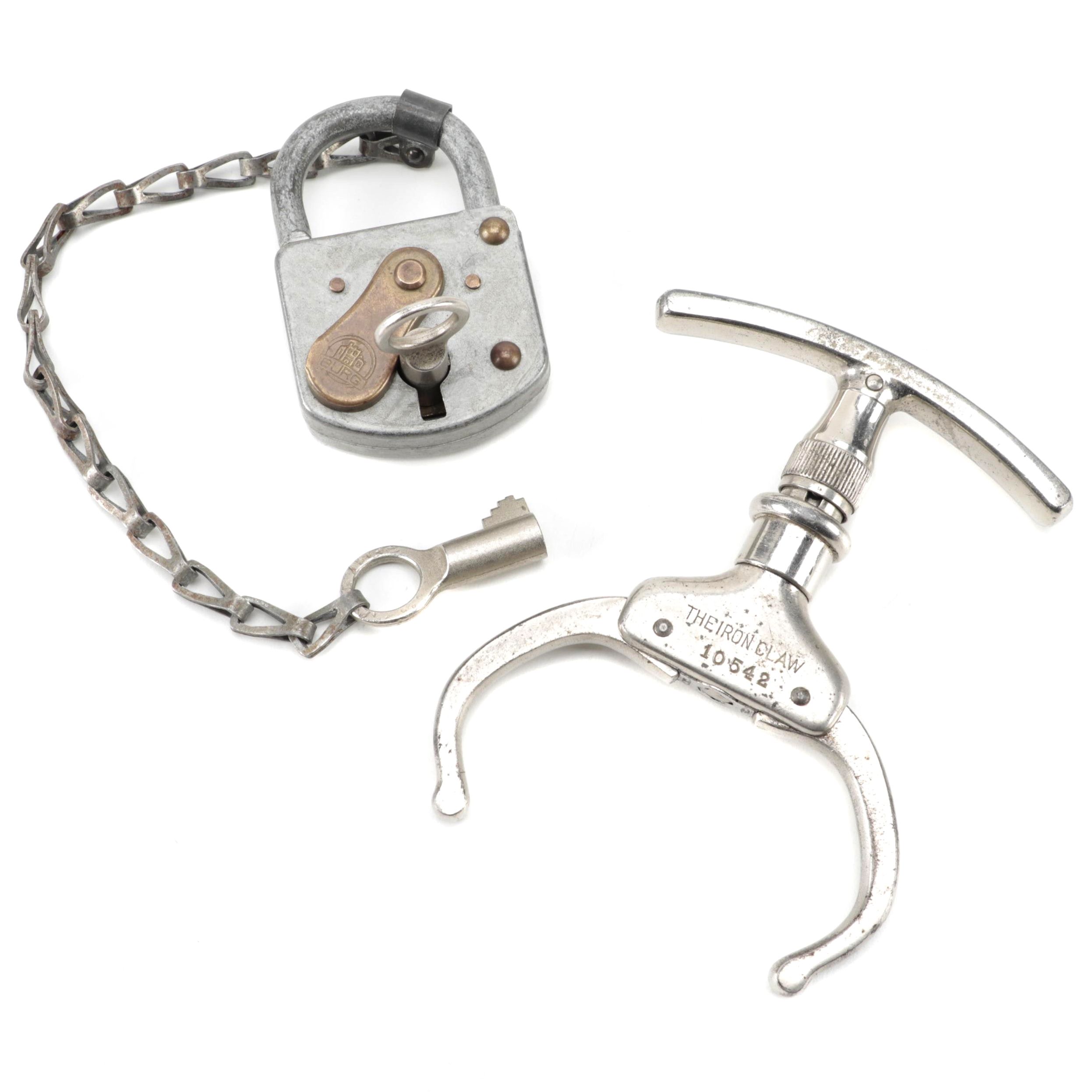 Argus Iron Claw Single Handcuff, Early 1930s, and Burg Padlock with ...