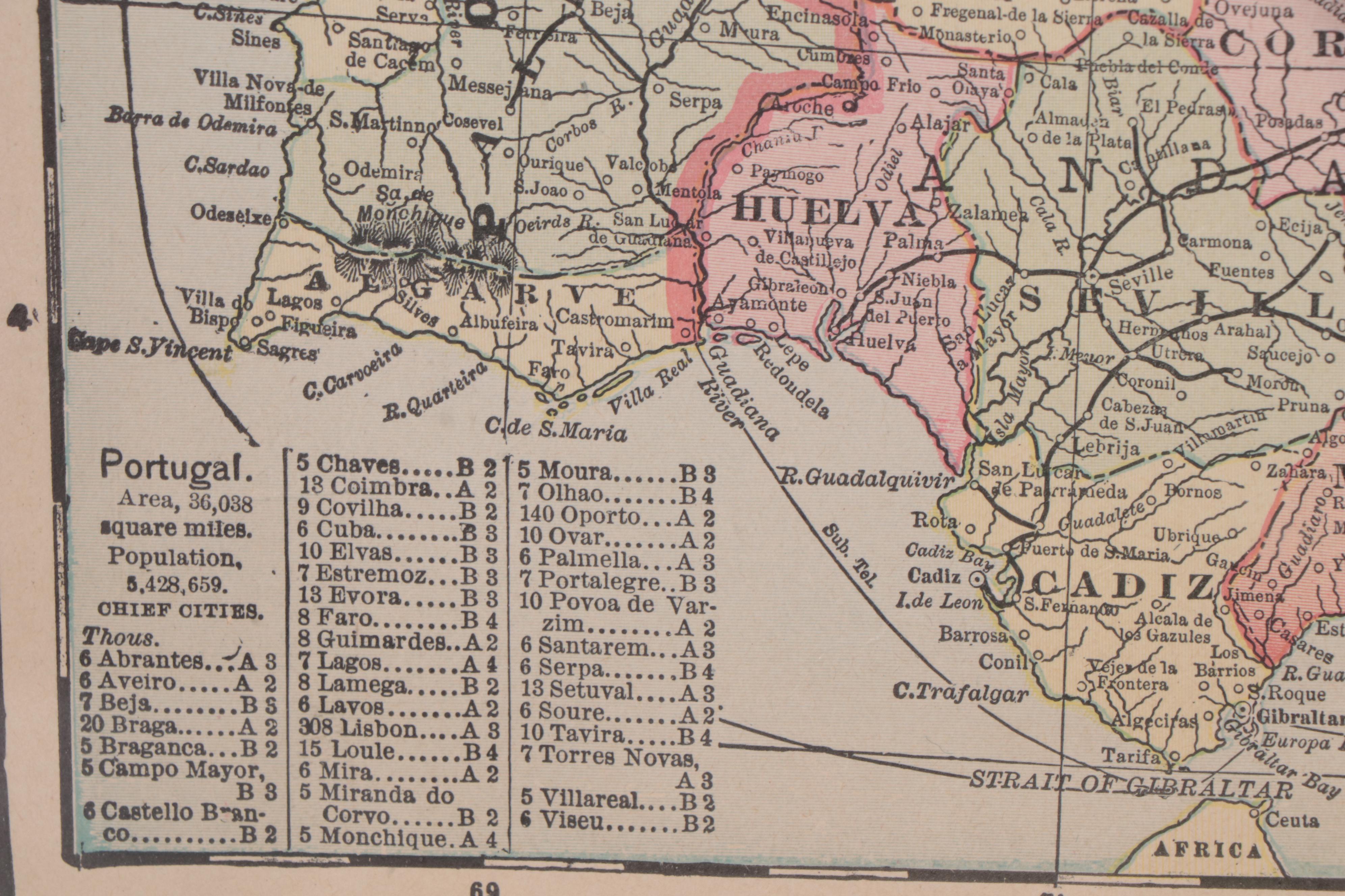 Wood Engraved Map of Spain and Portugal, 1898 | EBTH