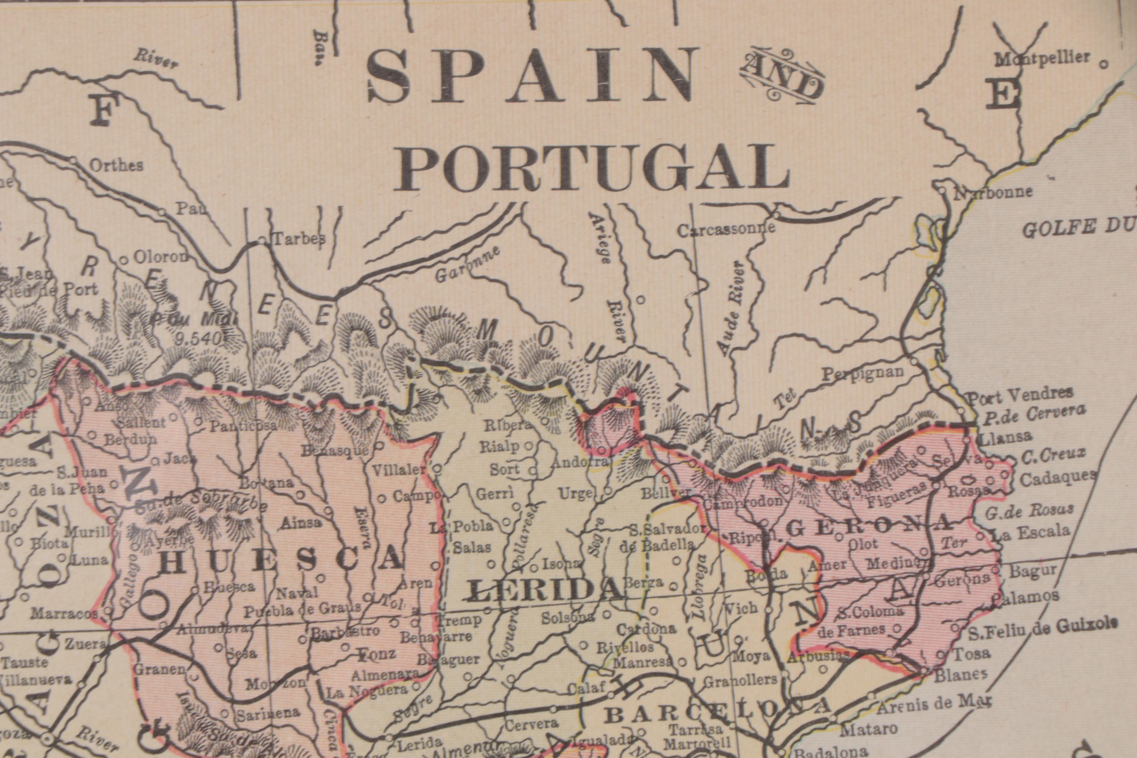 Wood Engraved Map of Spain and Portugal, 1898 | EBTH