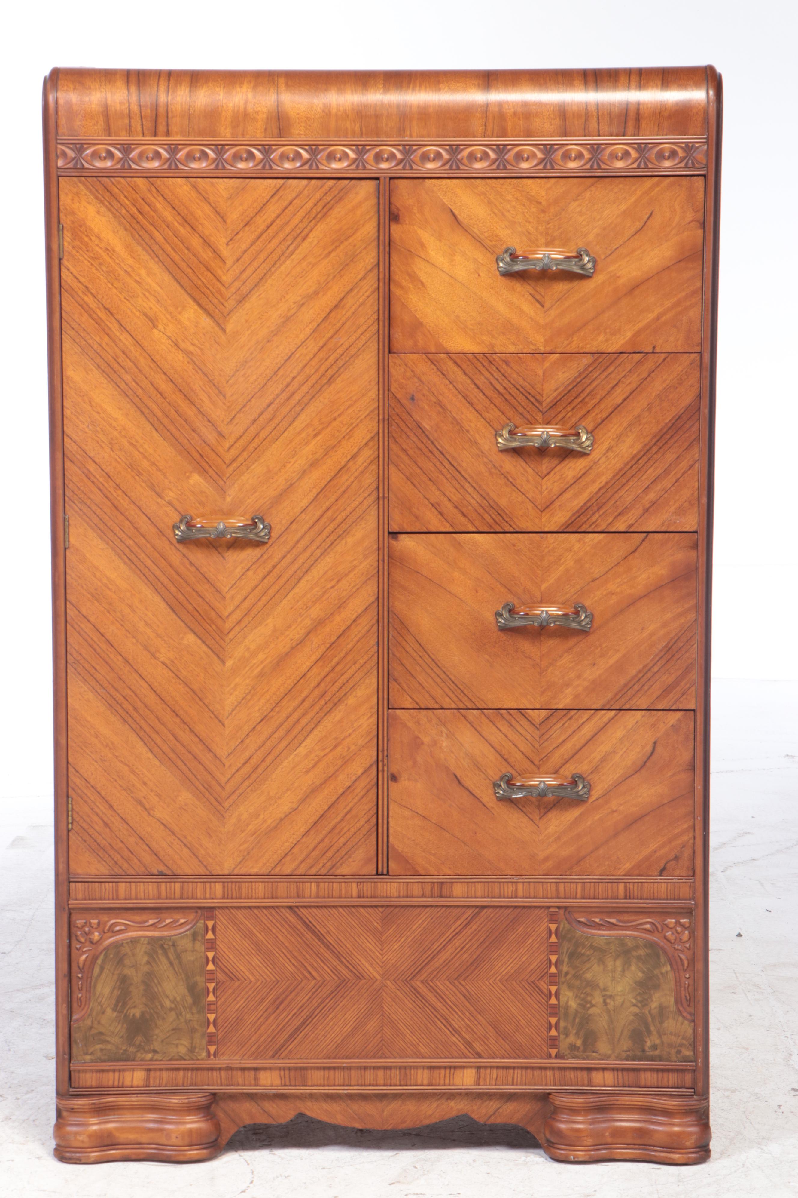 Art Deco Walnut and Line-Inlaid "Waterfall" Chifferobe, circa 1930 | EBTH