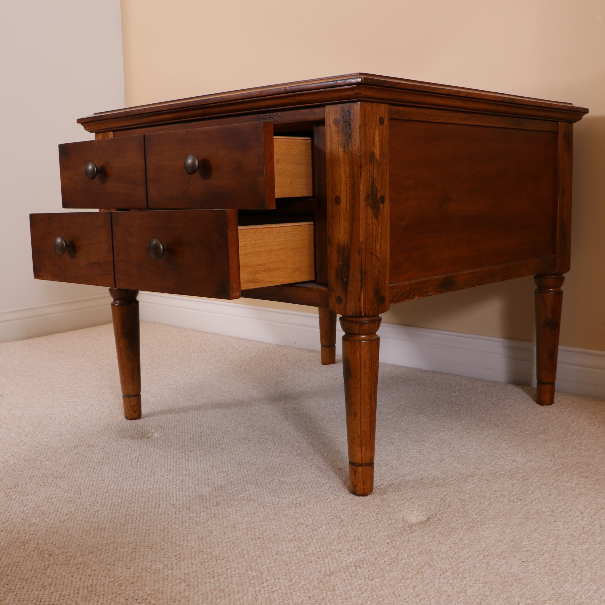 Two-Drawer Wood Side Table with Glass Inset over Woven Top Design | EBTH
