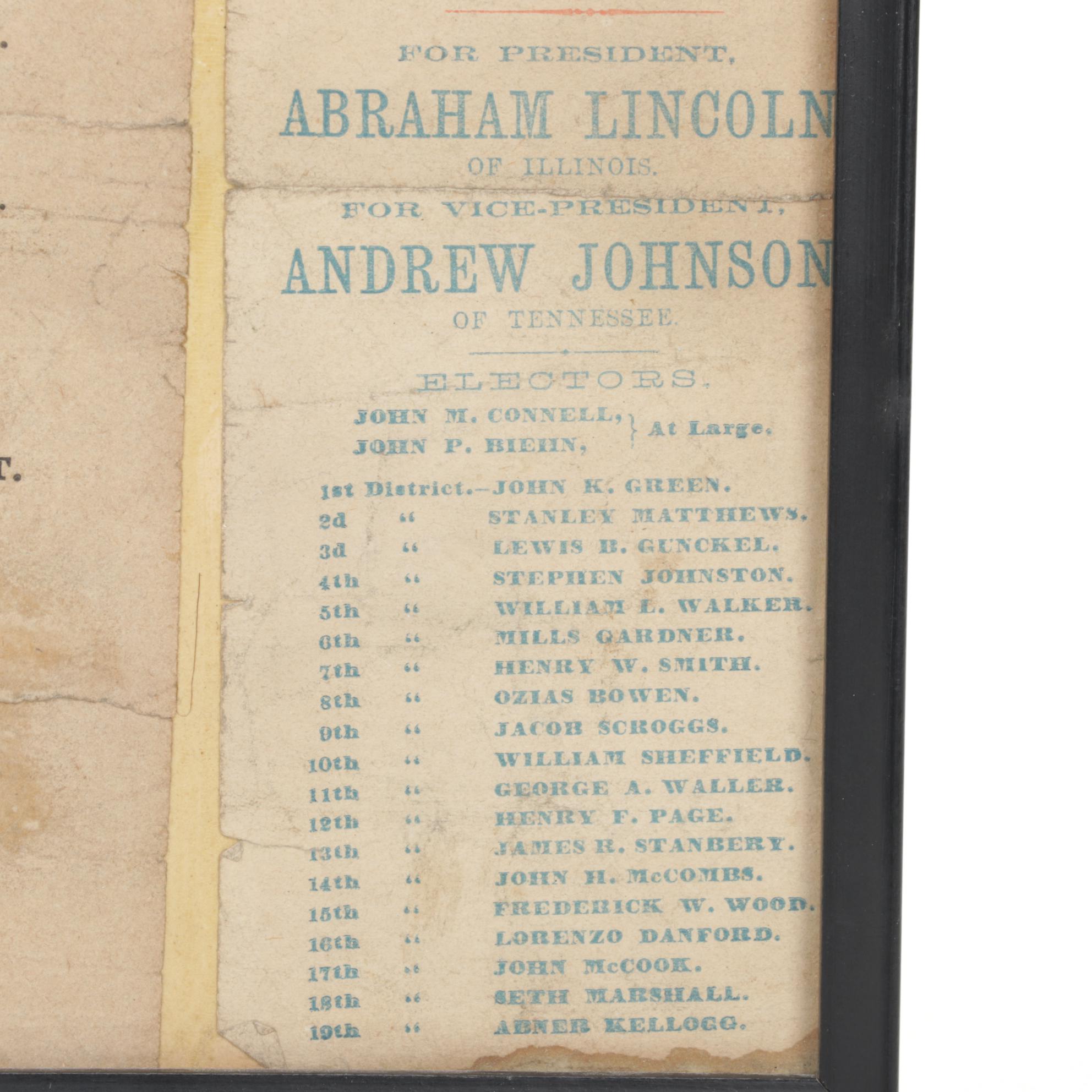1864 Abraham Lincoln Presidential Election Ticket with Ohio Union Party ...