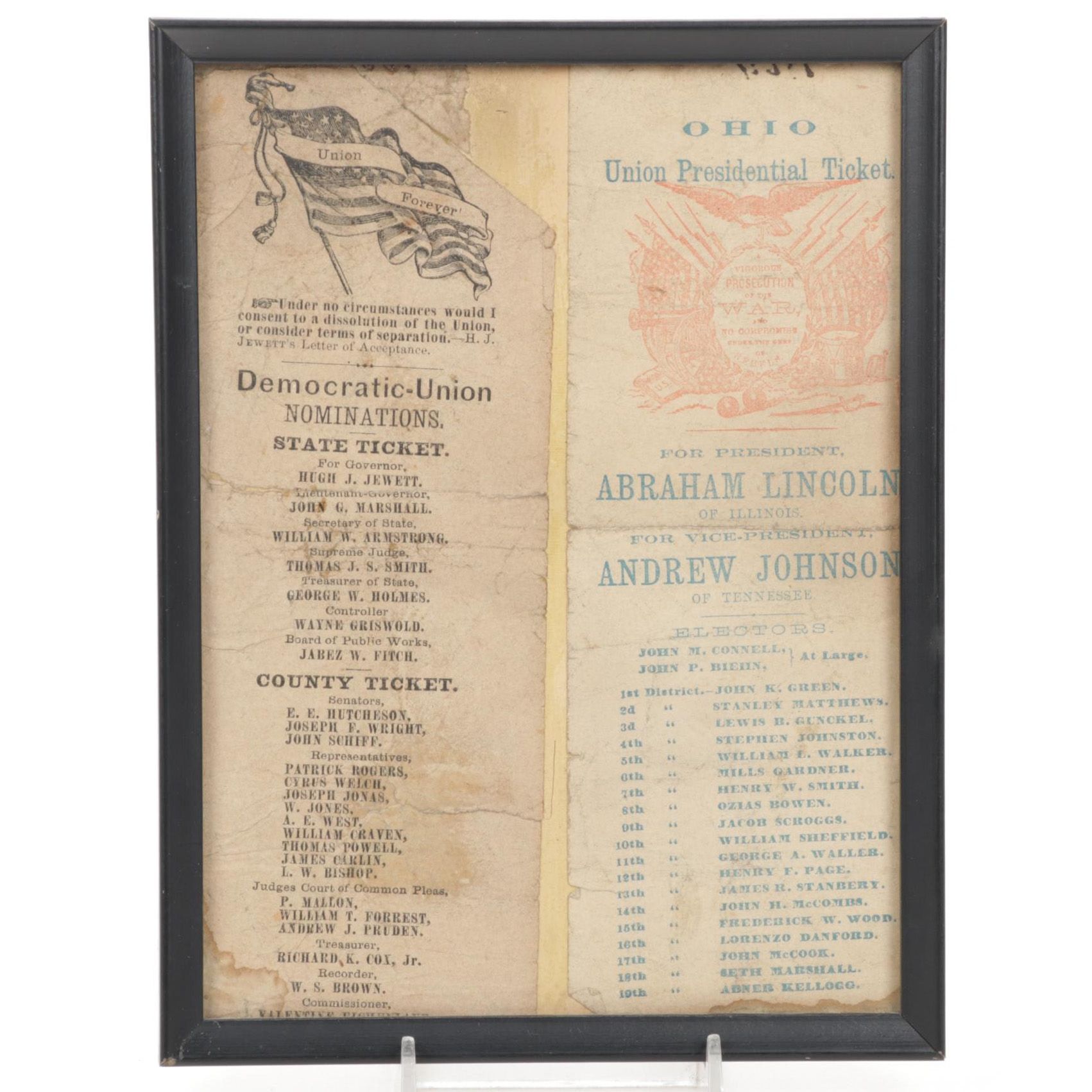 1864 Abraham Lincoln Presidential Election Ticket with Ohio Union Party ...