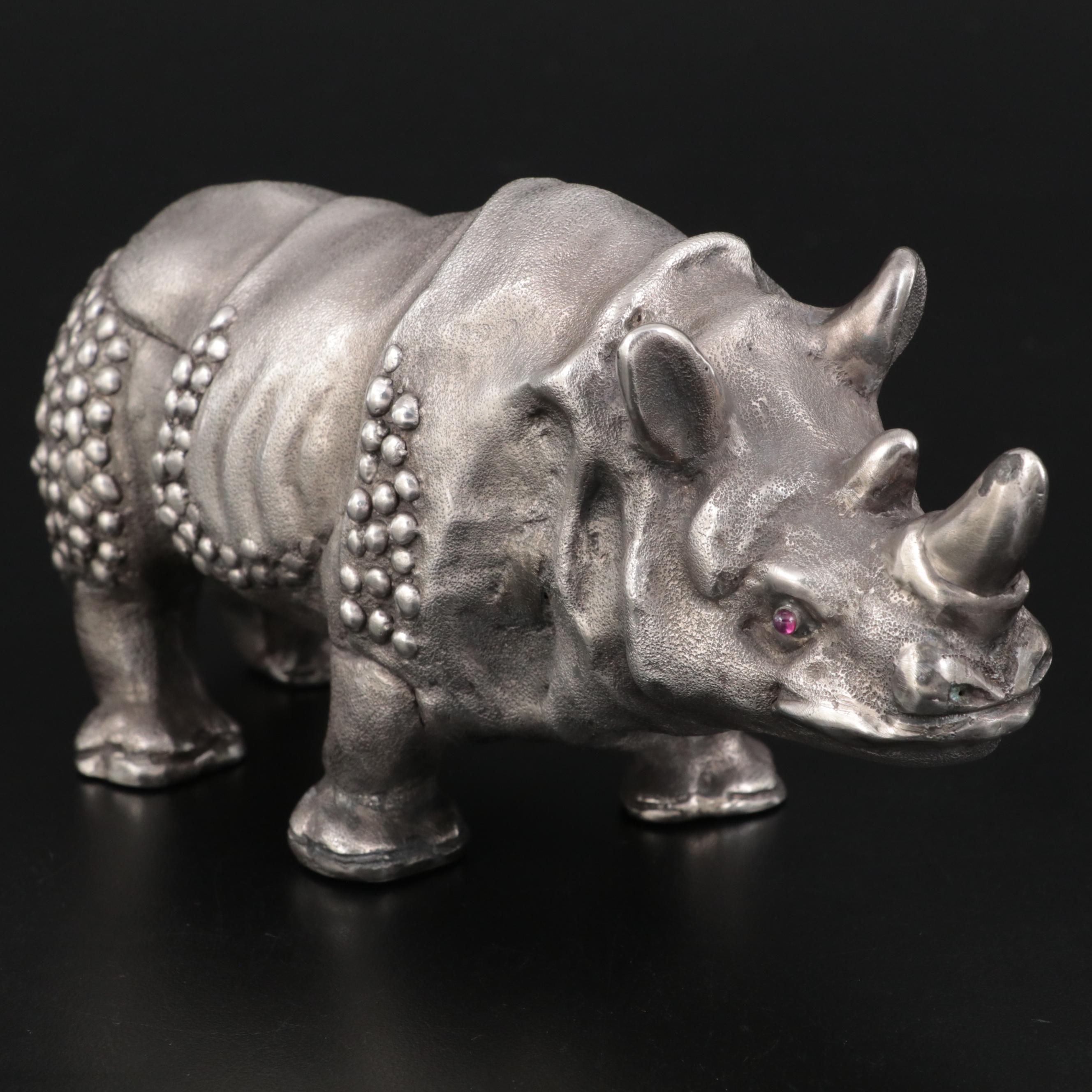 Russian 916 Silver and Ruby Rhinoceros Figurine After Fabergé Automaton ...