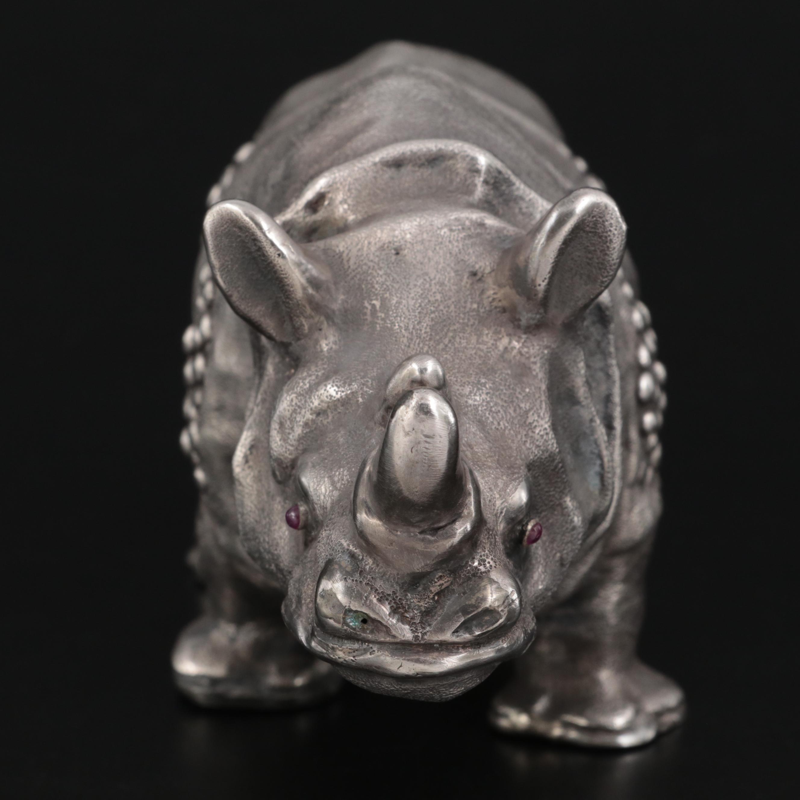 Russian 916 Silver and Ruby Rhinoceros Figurine After Fabergé Automaton ...