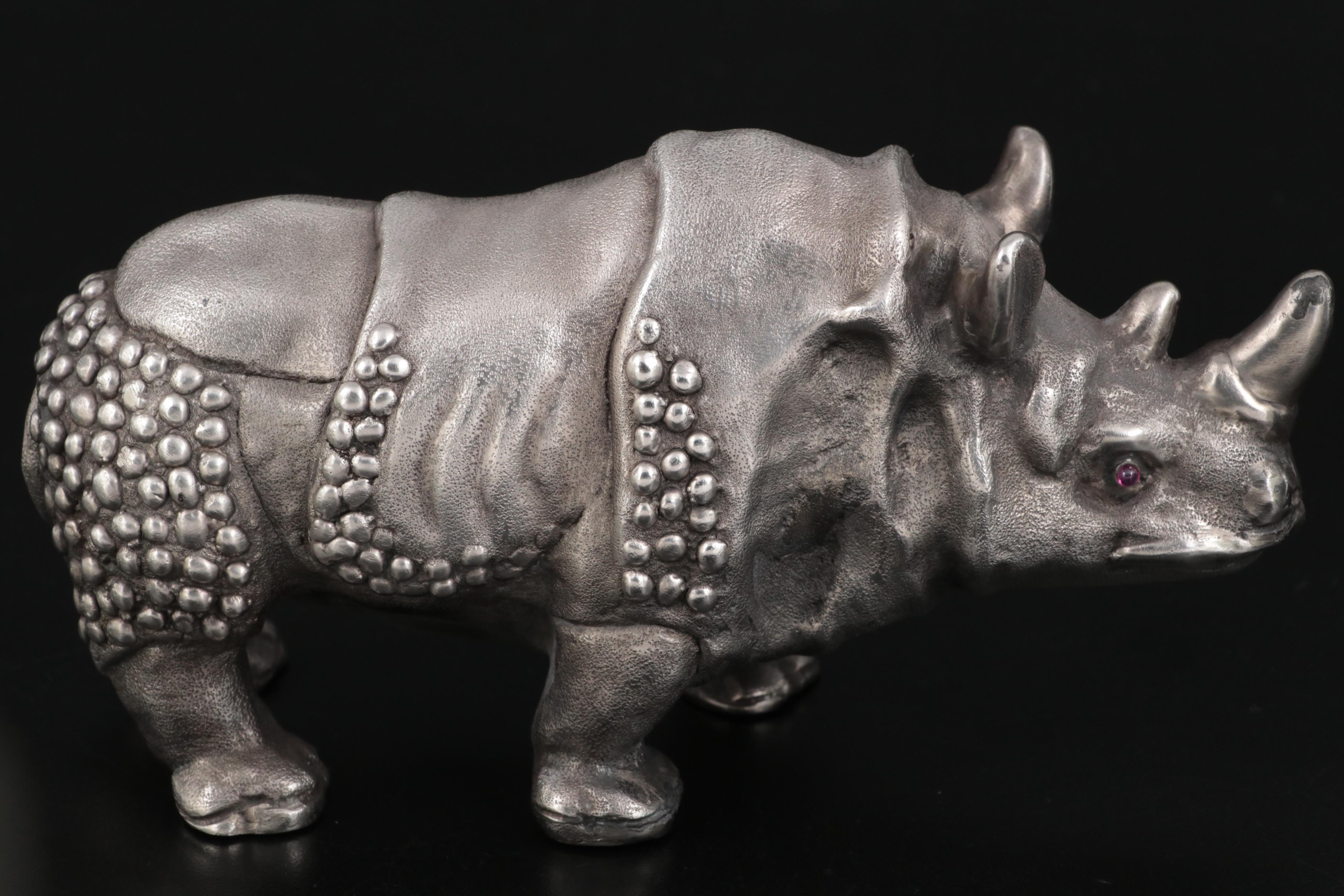 Russian 916 Silver and Ruby Rhinoceros Figurine After Fabergé Automaton ...