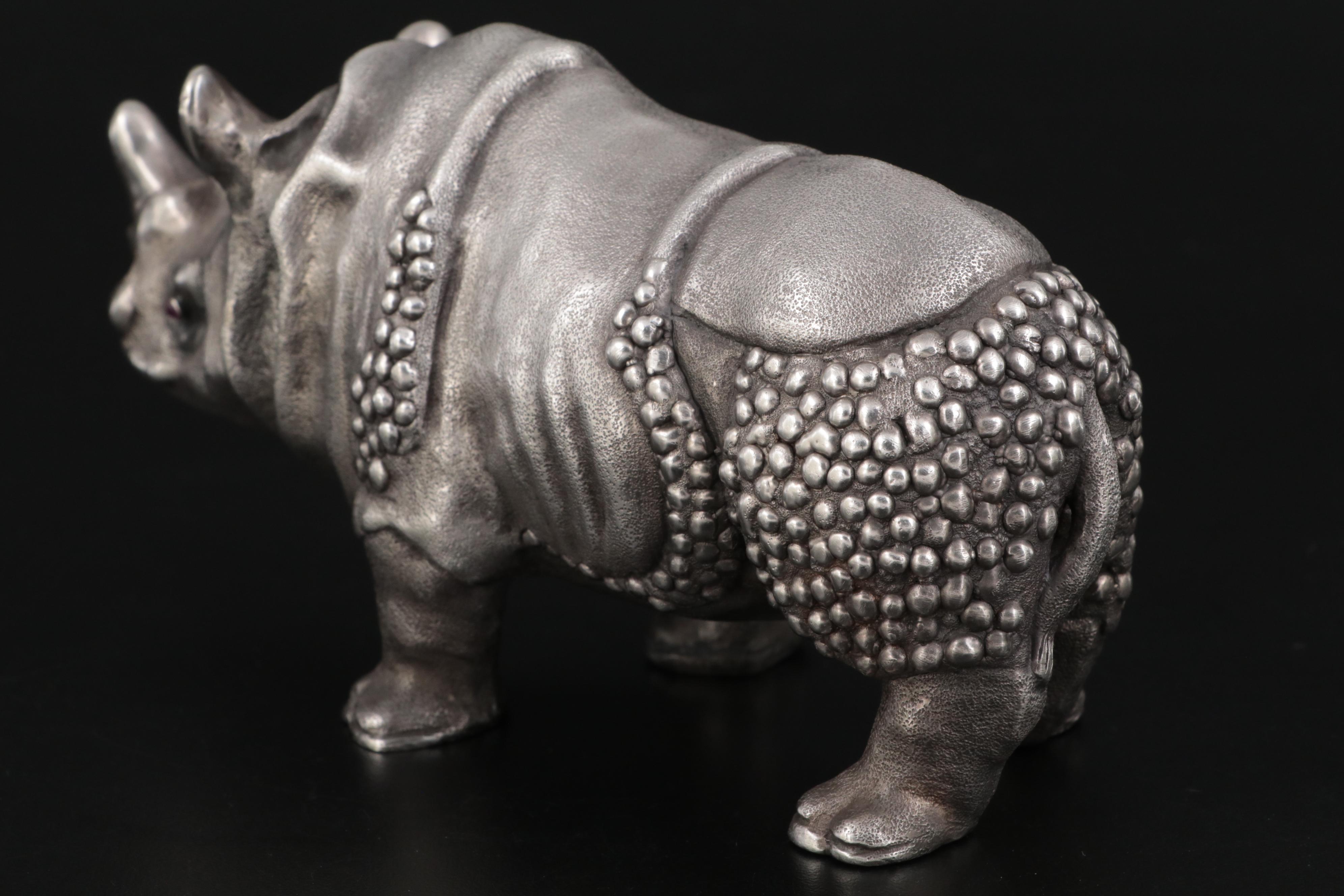 Russian 916 Silver and Ruby Rhinoceros Figurine After Fabergé Automaton ...