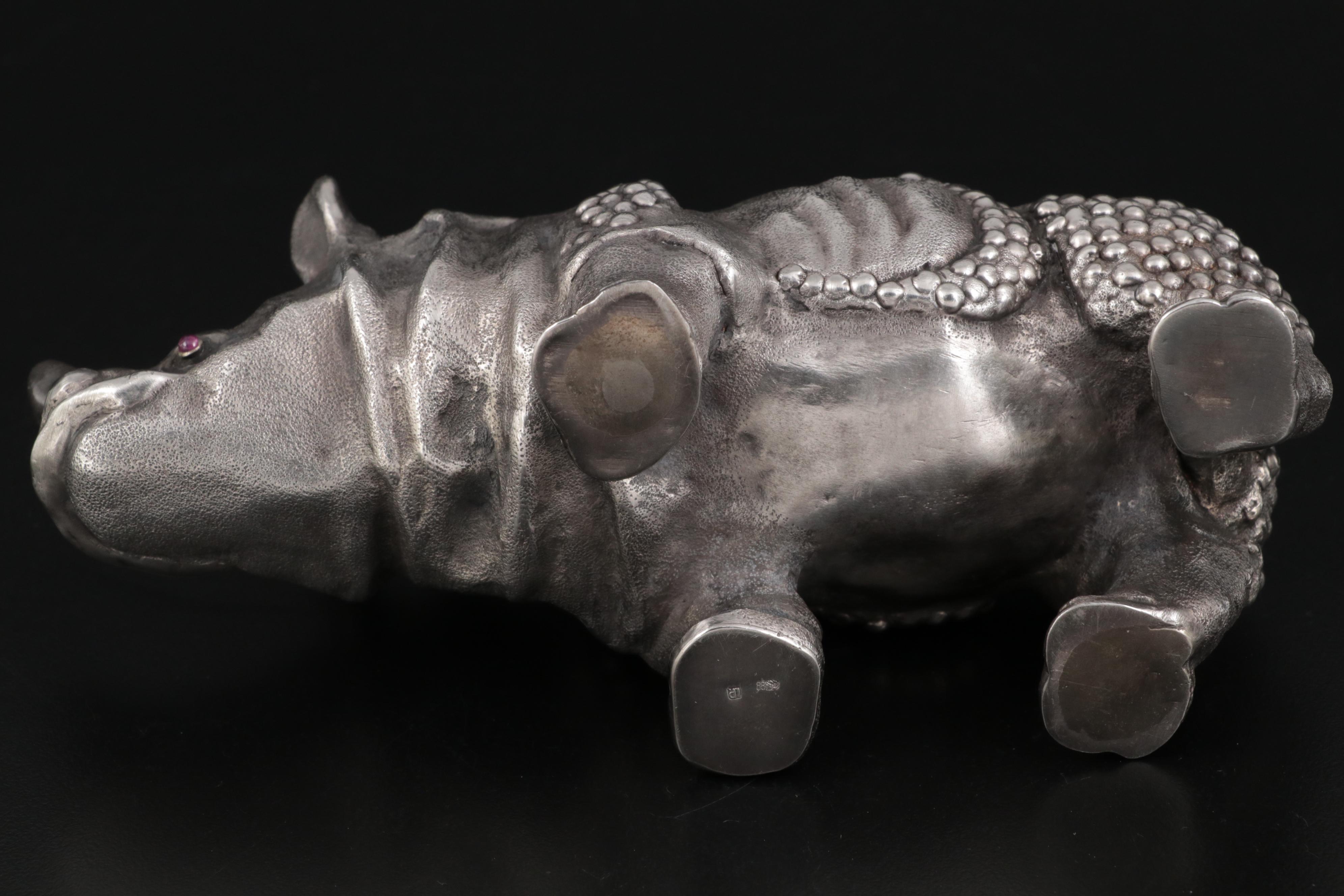 Russian 916 Silver and Ruby Rhinoceros Figurine After Fabergé Automaton ...