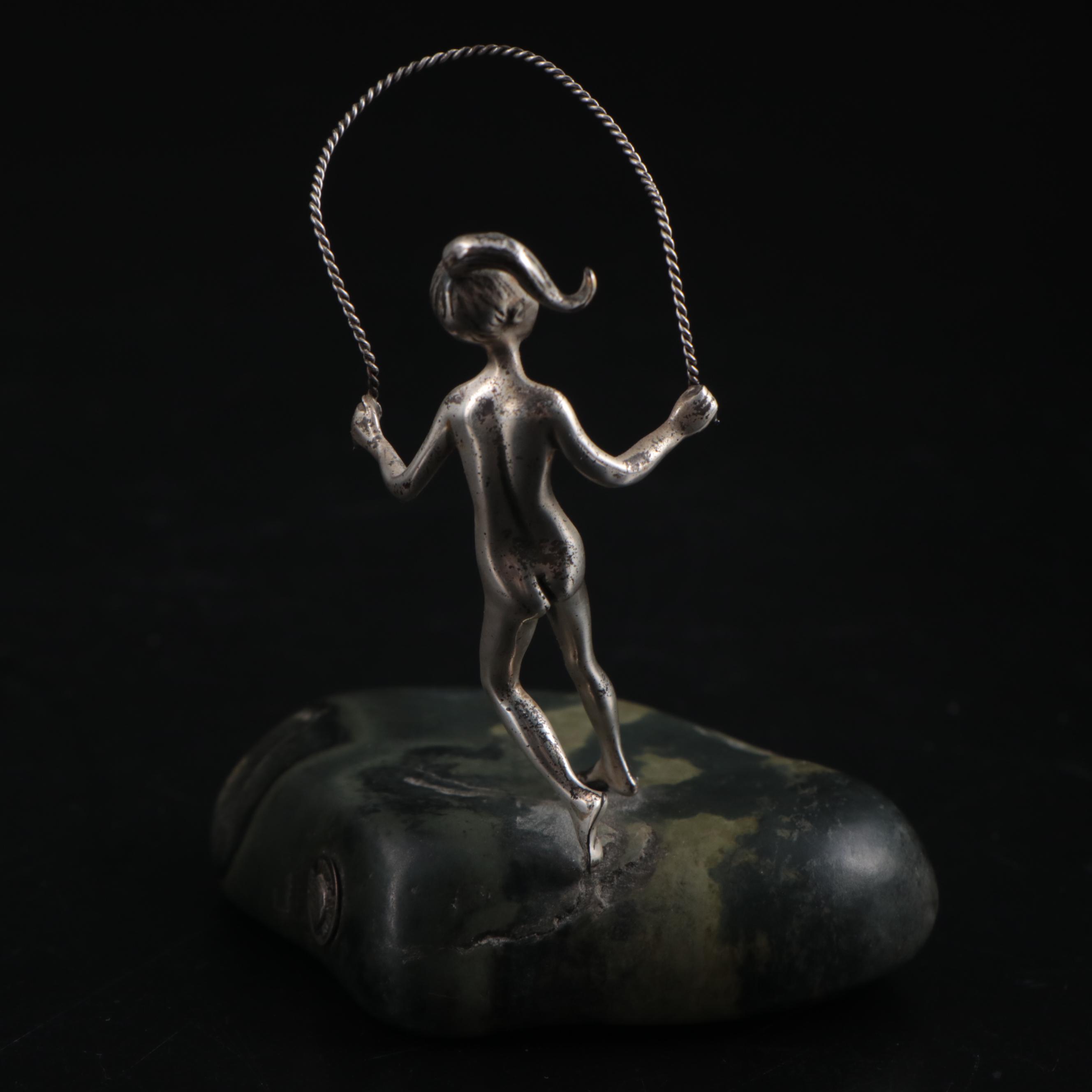 Barney Bright Sterling Silver on Serpentine Sculpture of Girl Jumping ...