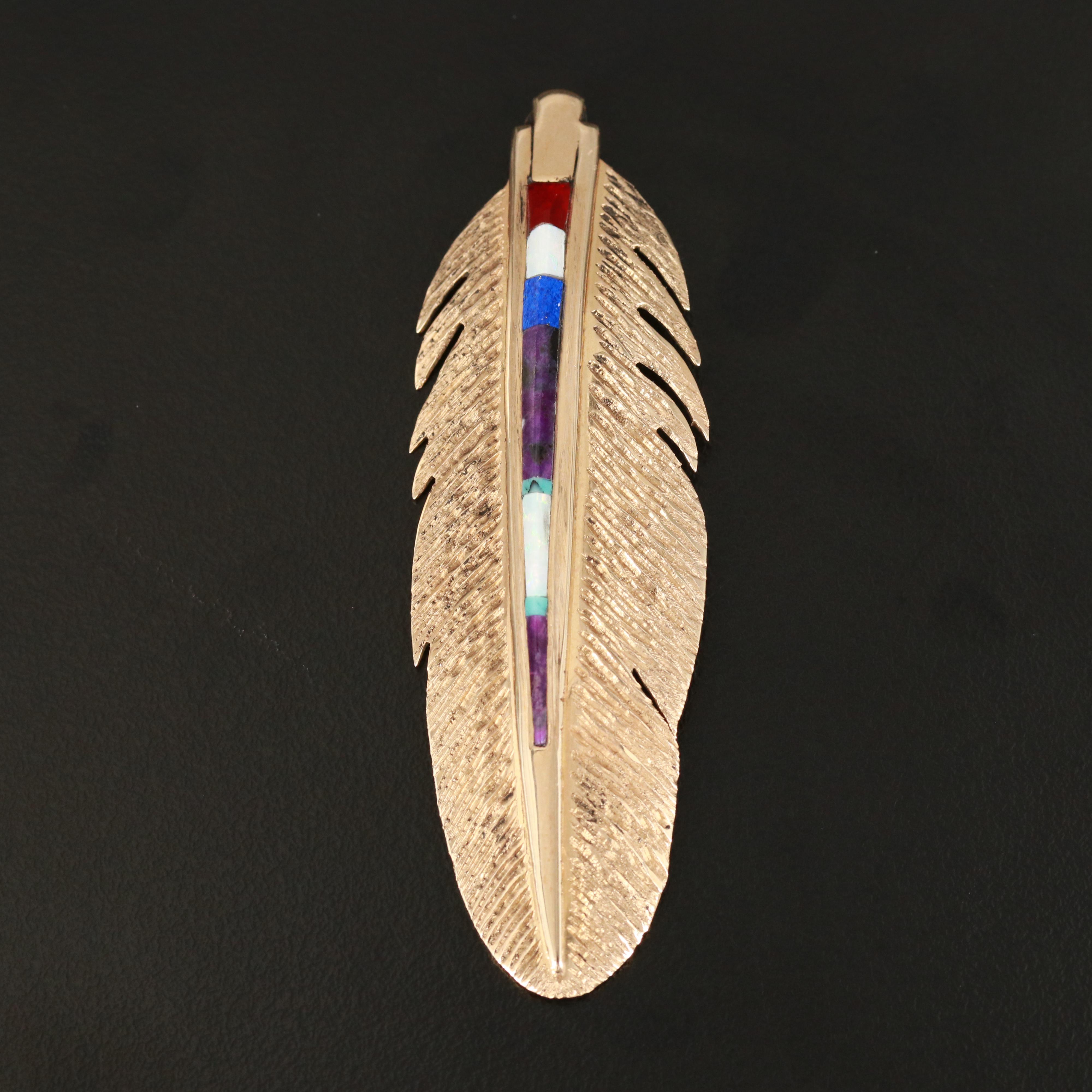 Michael Little Elk Lakota 14K Gemstone Inlay Eagle Feather Brooch | EBTH