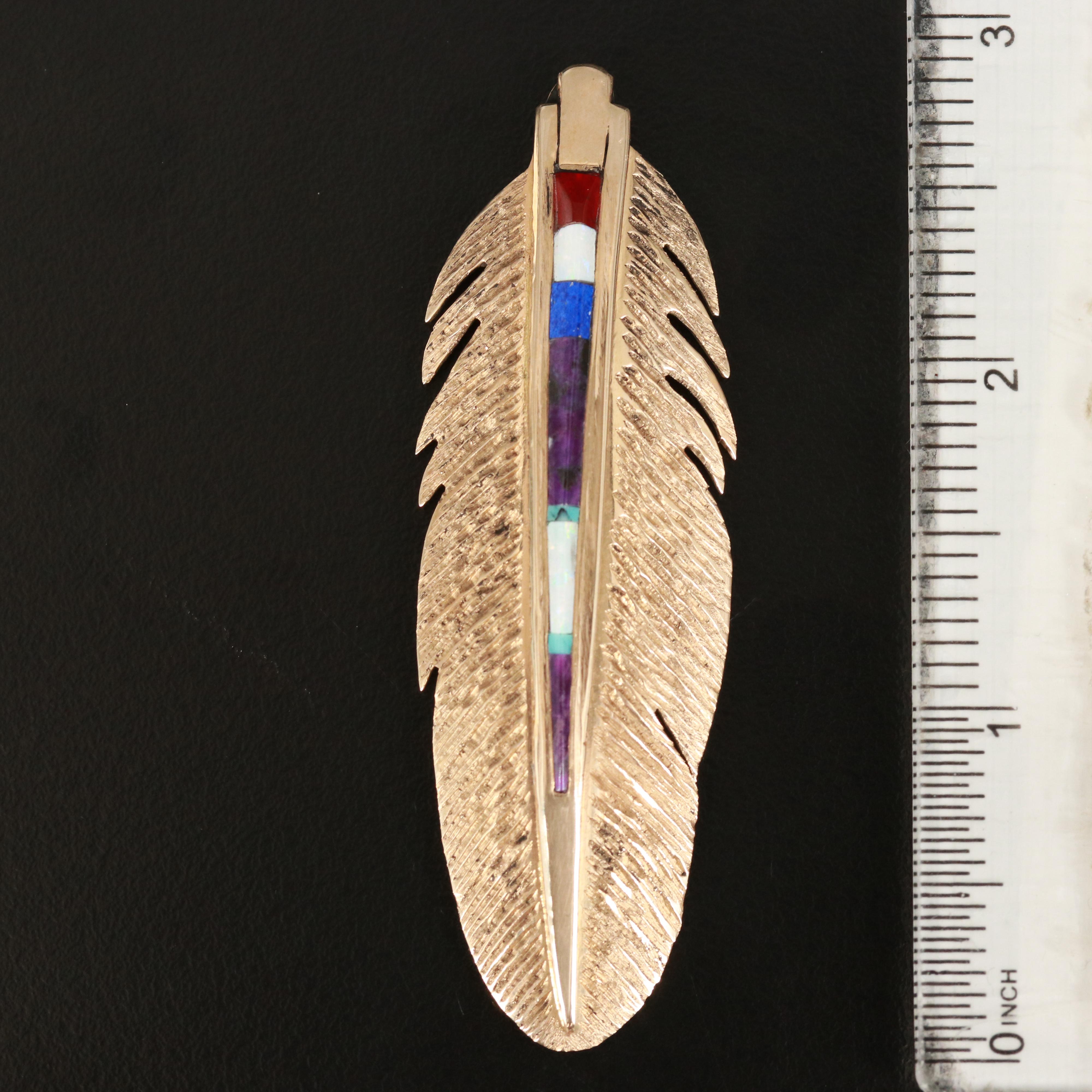 Michael Little Elk Lakota 14K Gemstone Inlay Eagle Feather Brooch | EBTH