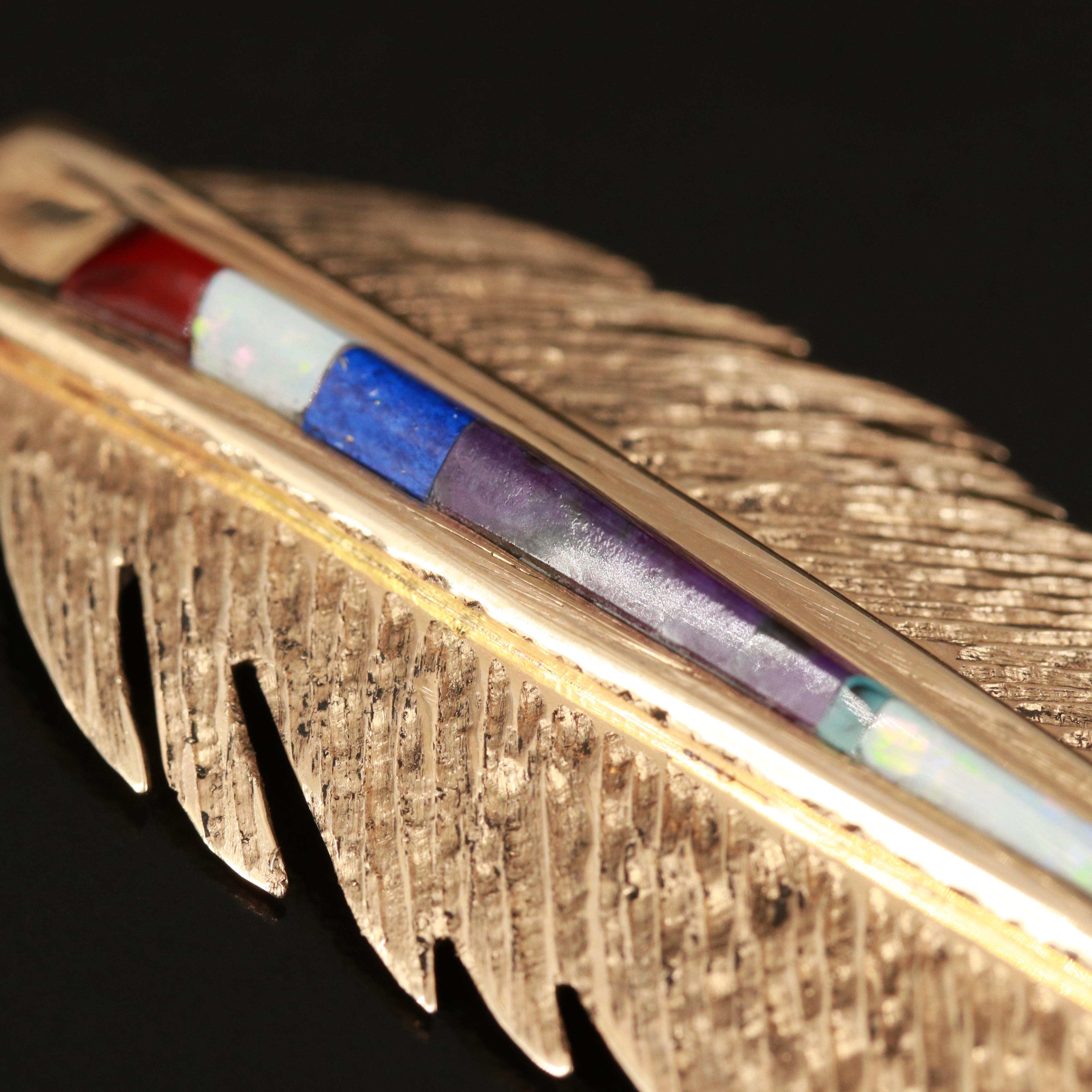 Michael Little Elk Lakota 14K Gemstone Inlay Eagle Feather Brooch | EBTH