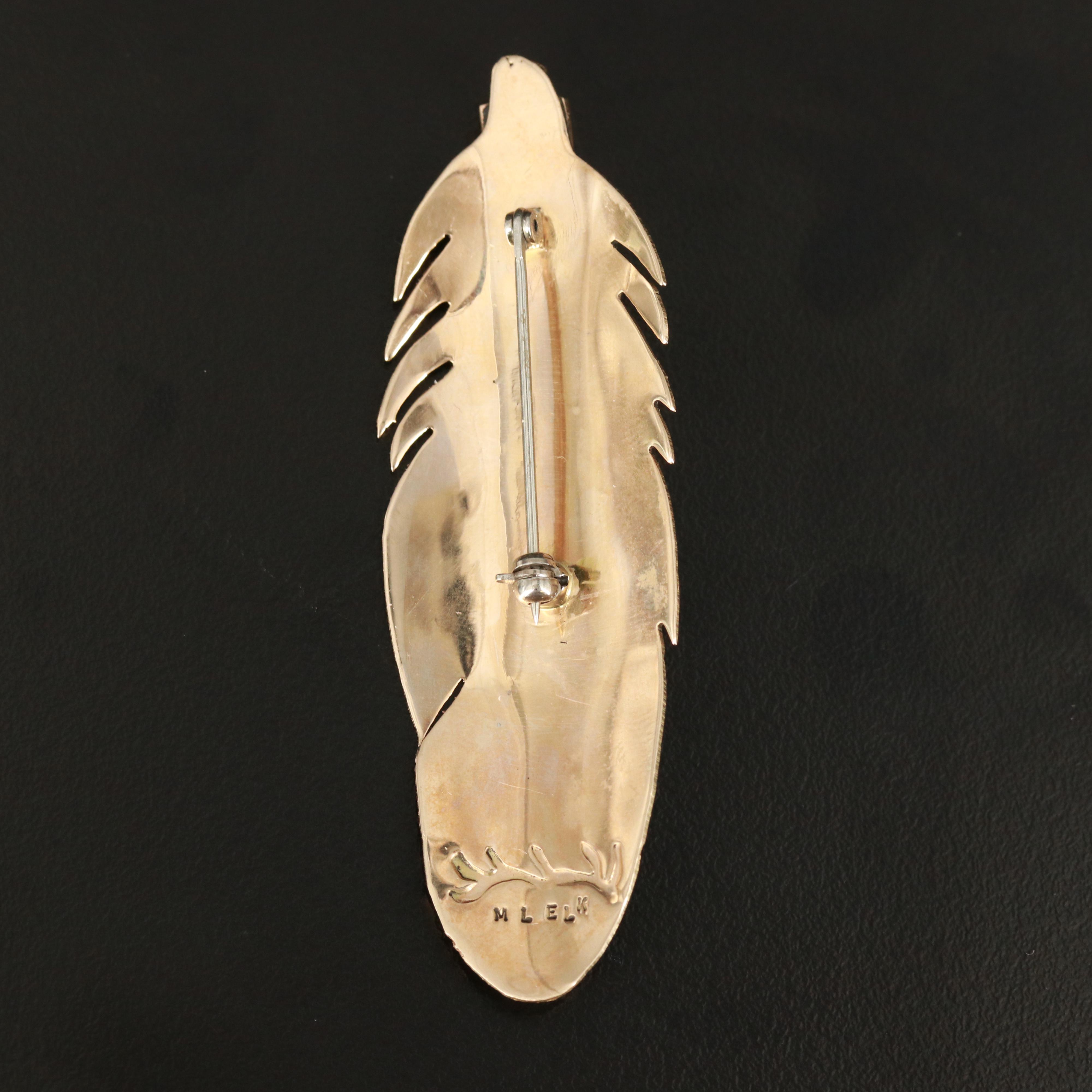 Michael Little Elk Lakota 14K Gemstone Inlay Eagle Feather Brooch | EBTH