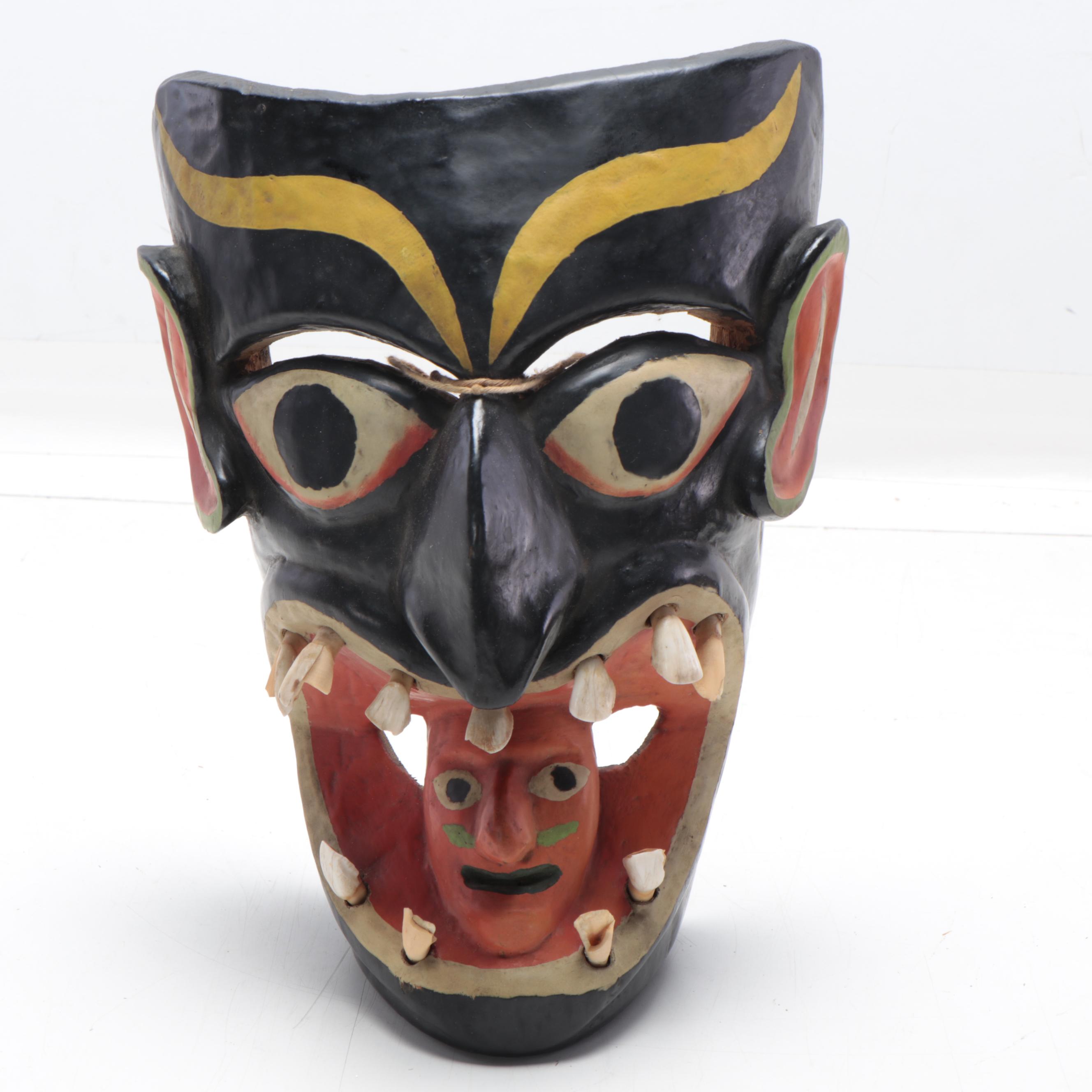 Mexican Folk Art Hand-Painted Wood Mask with Cow Teeth | EBTH