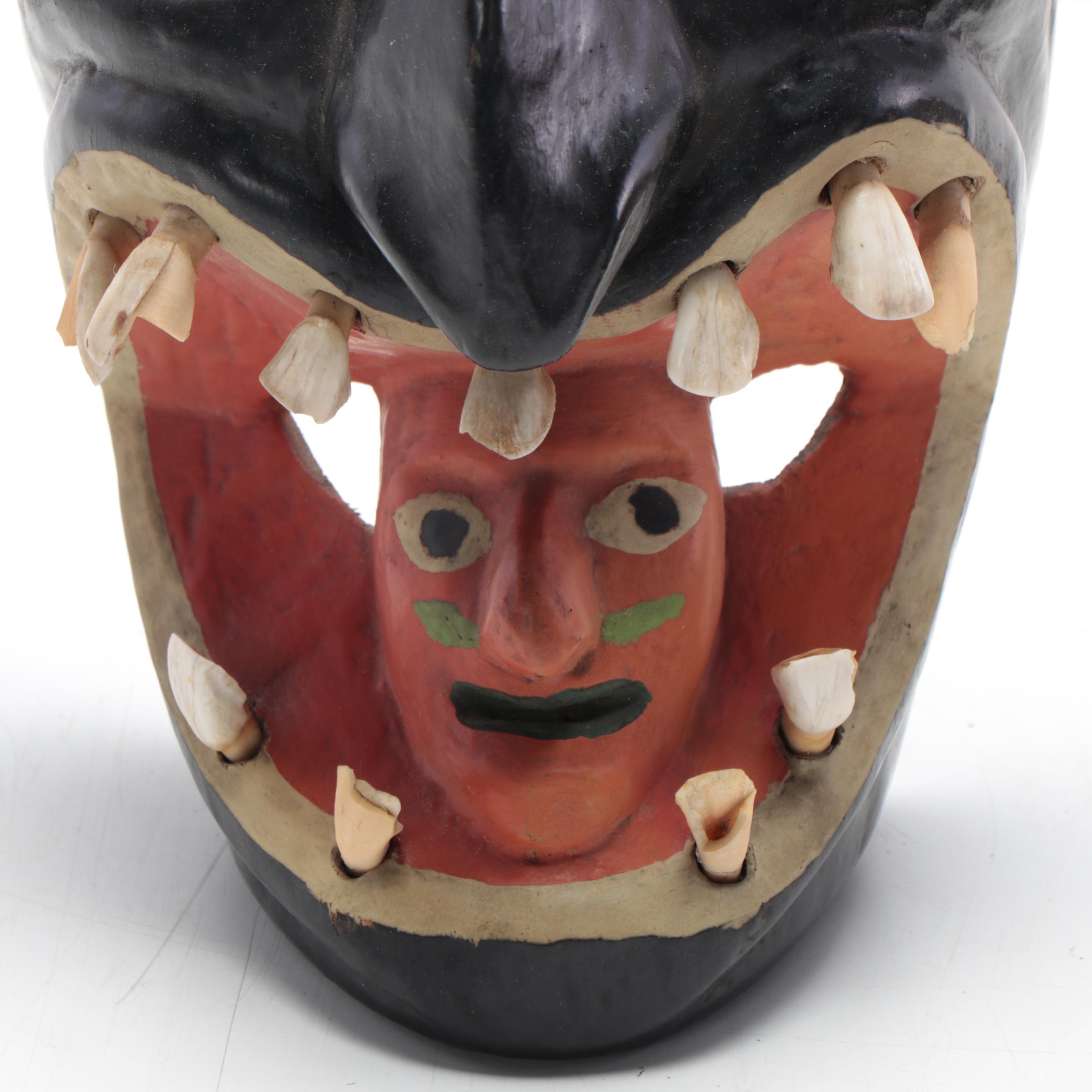Mexican Folk Art Hand-Painted Wood Mask with Cow Teeth | EBTH